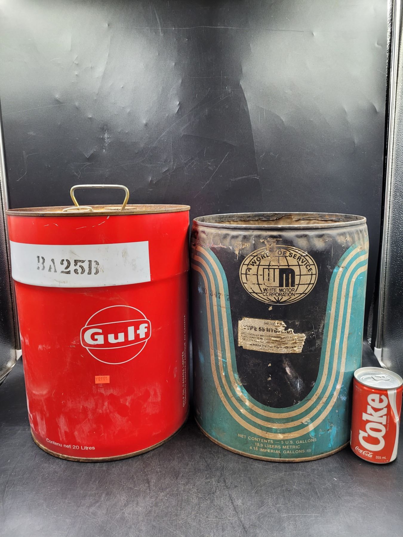 Large Vintage 20 Litre Gulf & 18.9 Litre White Motor Corporation Oil Cans