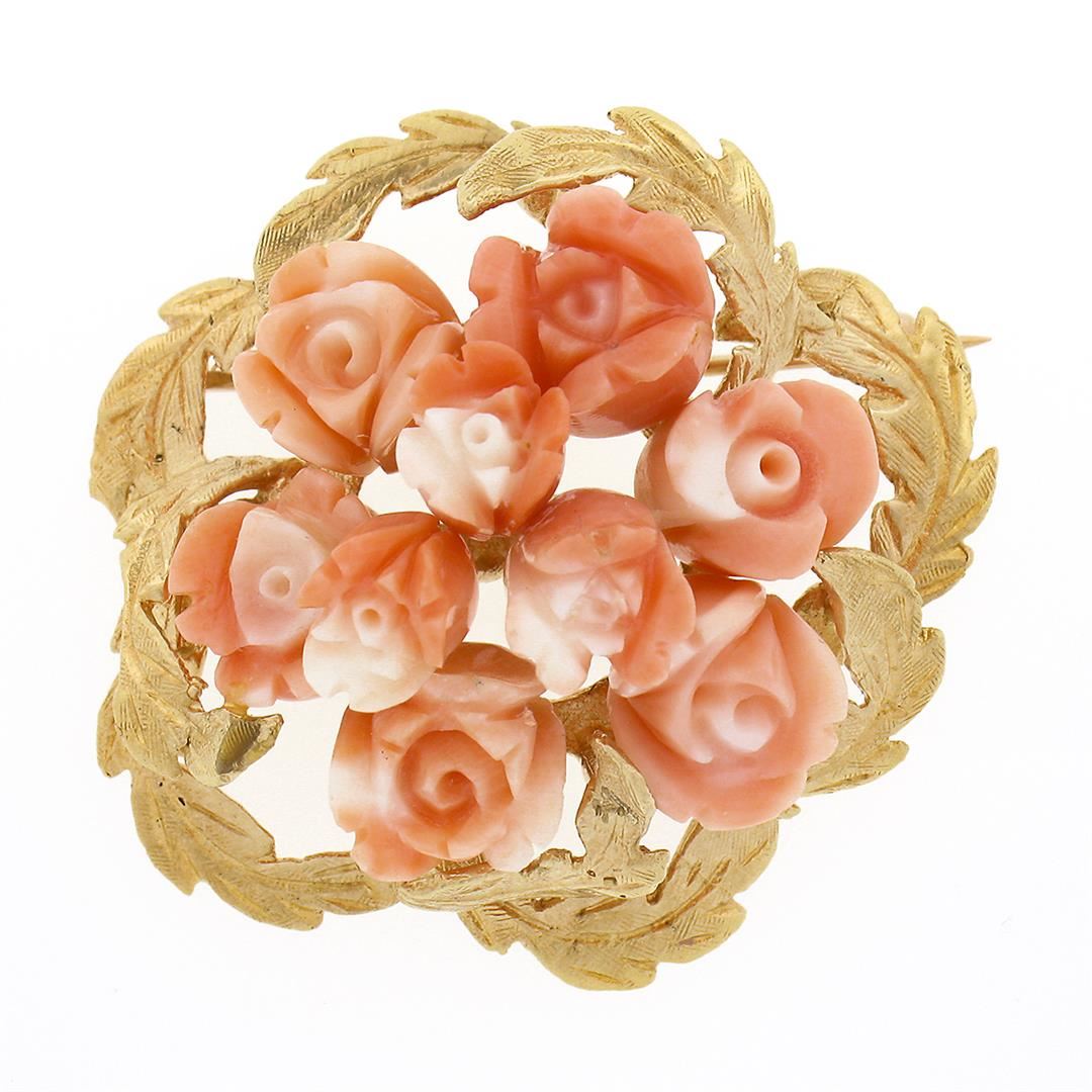 Vintage 14K Gold Carved Coral Rose Flower Bouquet Textured Leaf Round ...