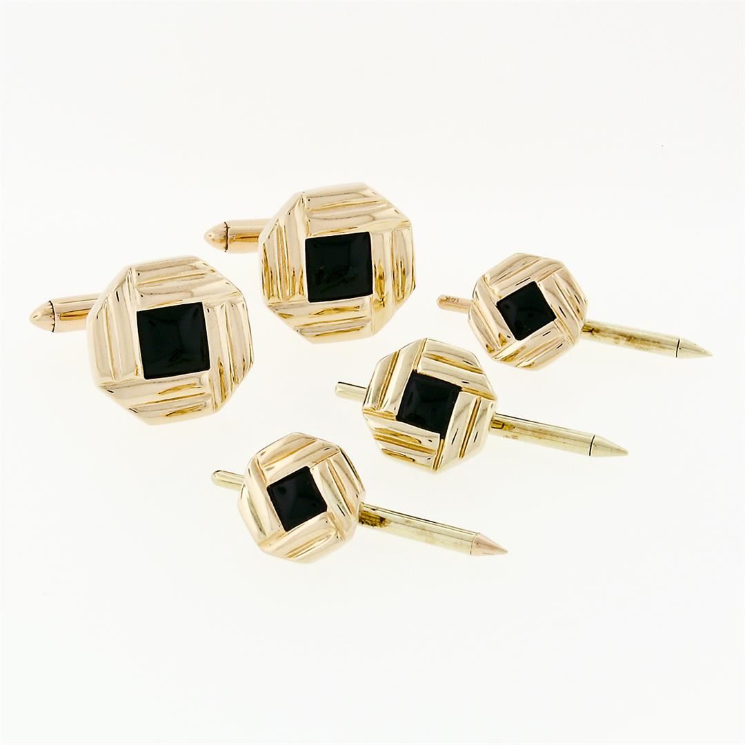 Men's 14k Gold Square Black Onyx Infinite Octagon Cuff Links & 3 Button ...