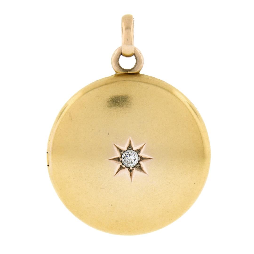 Antique 14k Yellow Gold Old Cut Star Pave Diamond Polished Round Locket ...