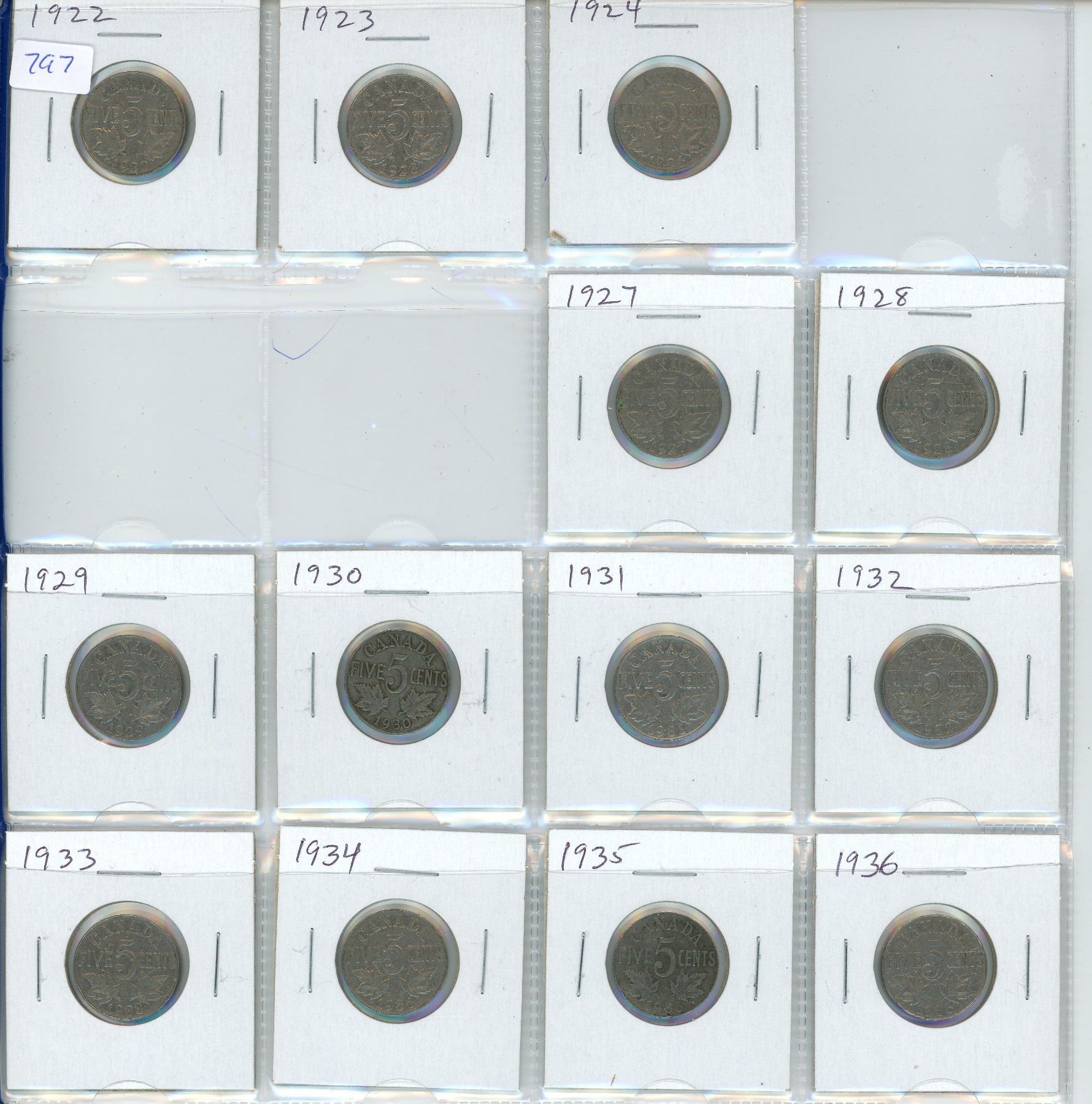 Set of 13 Canadian King George V Nickel 5 Cents. Includes 1922, 1923, 1924, 1927, 1928, 1929 ...