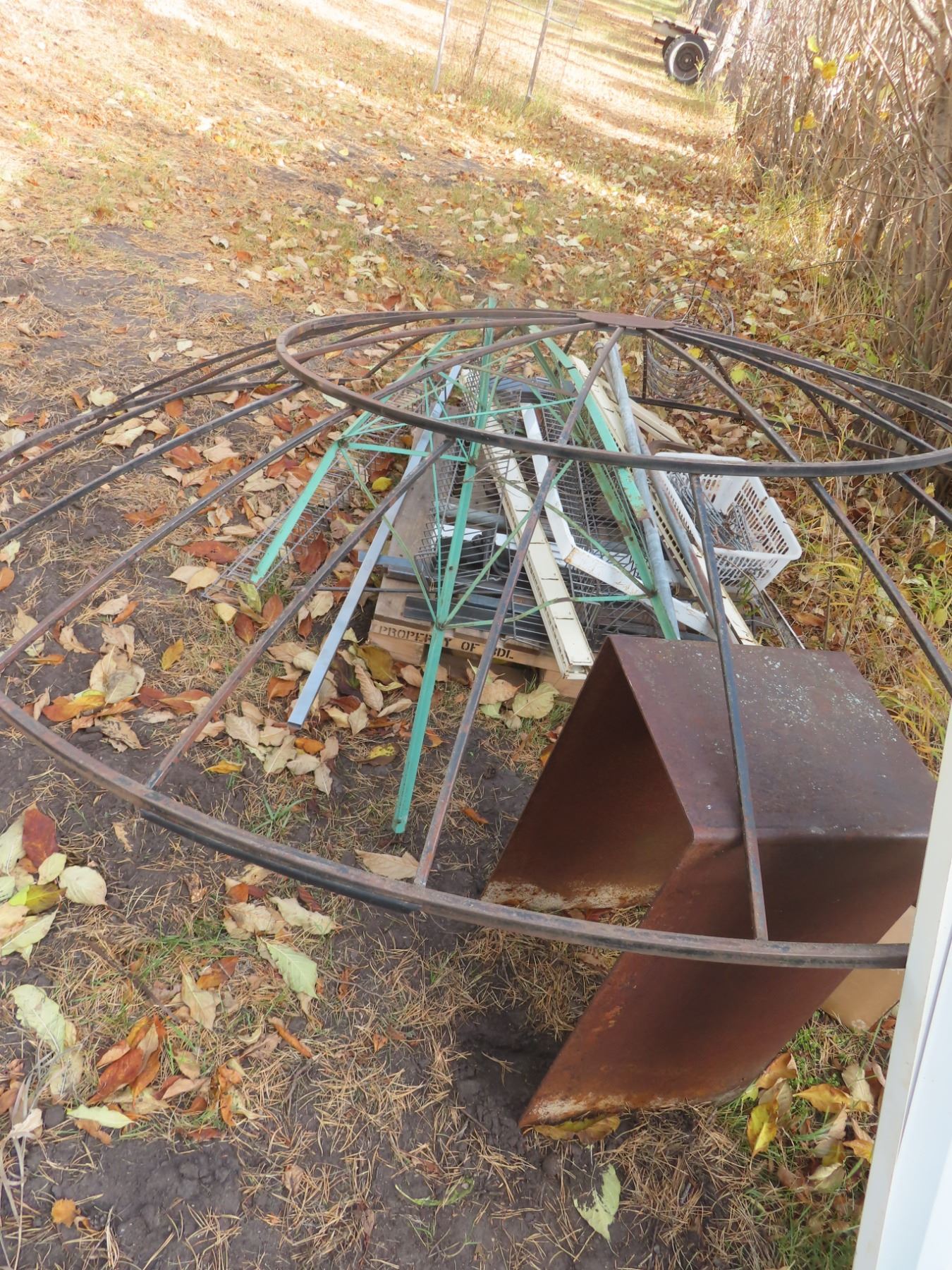 assorted shelving, old satellite dish frame, assorted steel, metal