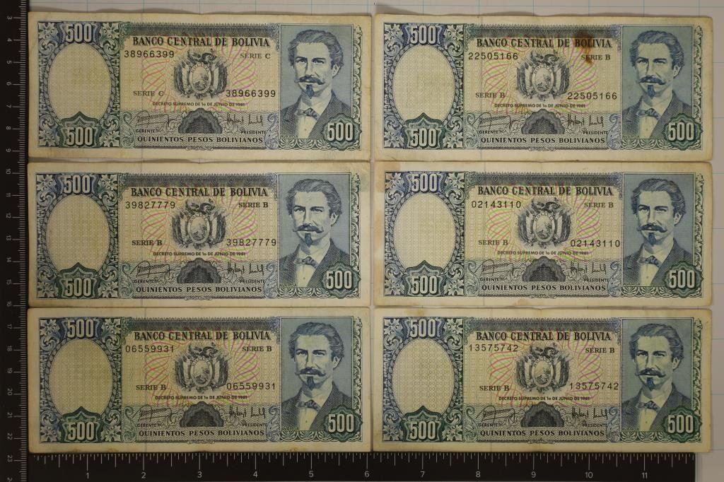 6-1981 BOLIVIA 500 PESO BOLIVANOS COLORIZED BILLS