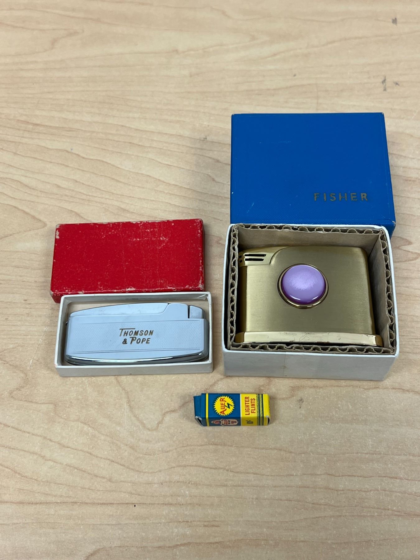 Thomson & Pope Winnipeg Deco Fisher Advertising Lighters with Boxes