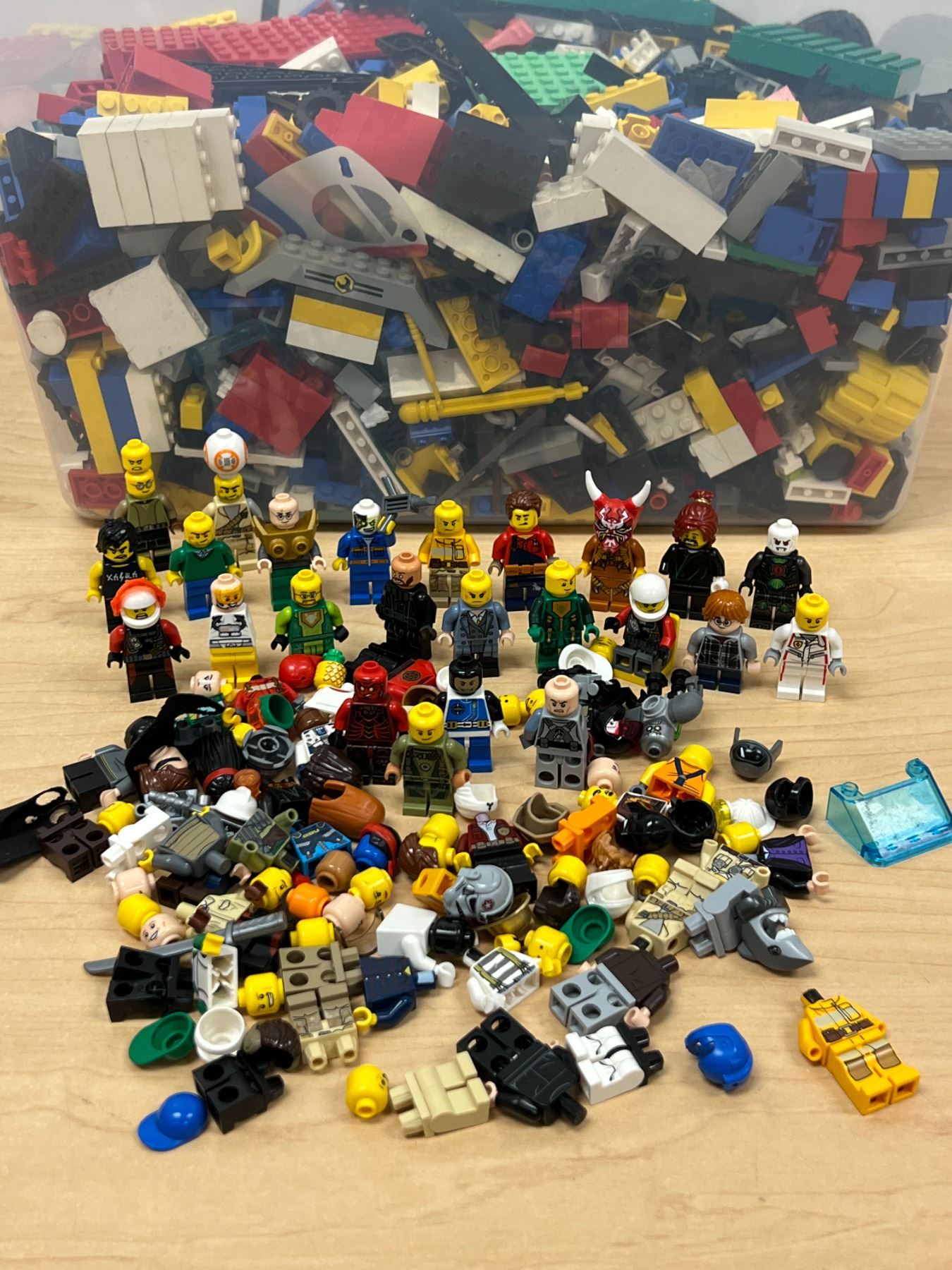 Bin of Lego Pieces & Mini Figures - Bin Approx: 13.5x11" & 8"T - see ...