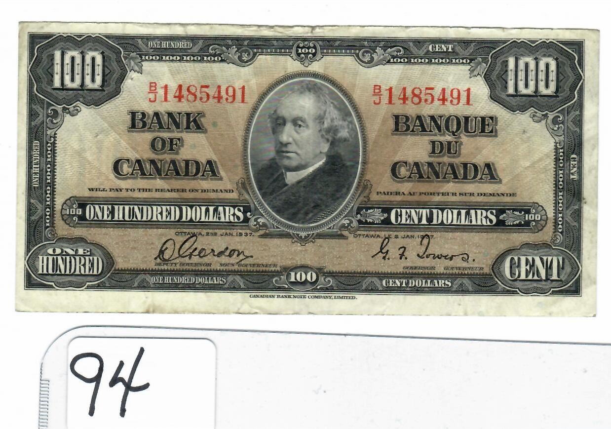 CANADIAN BANKNOTE $100 DENOMINATION 1937