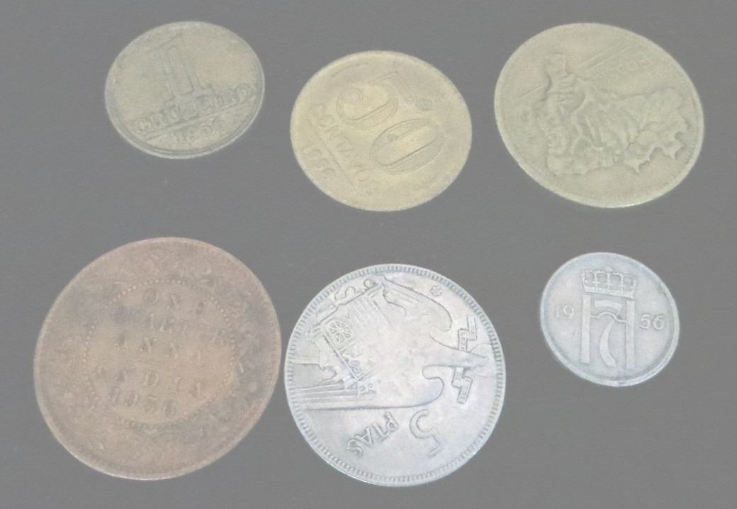 1950's World Coin Lot Norway 10 Ore, 5 Ptas, 1956 Anna Indian One ...