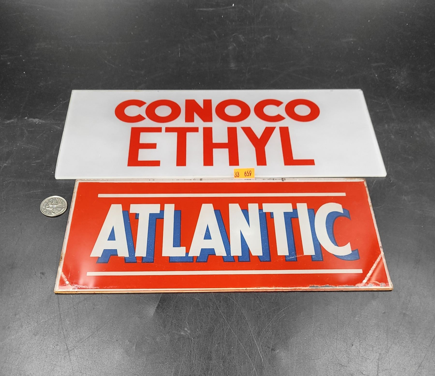 Vintage Conoco Ethyl and Atlantic Glass Gas Pump Plates