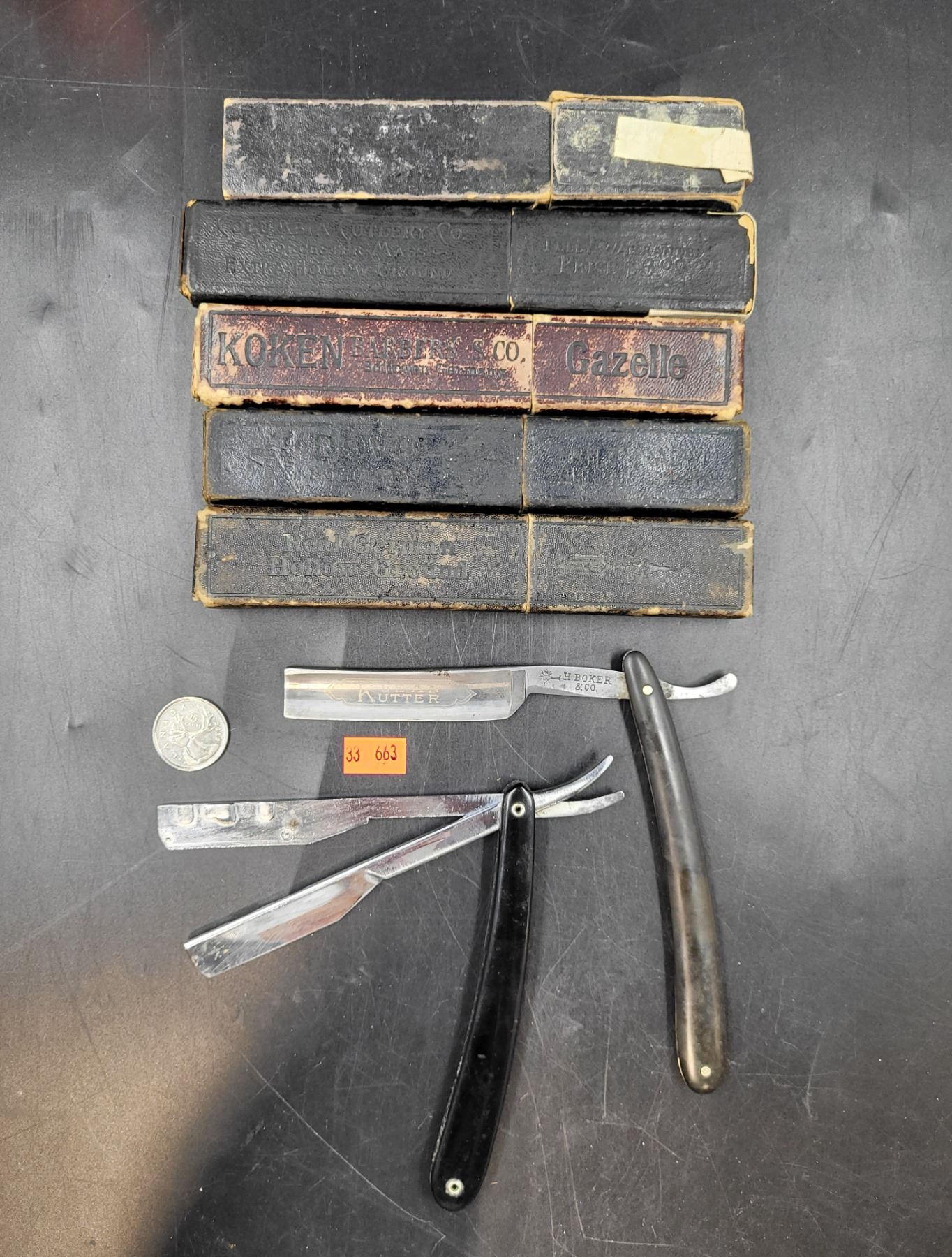 5 Antique Straight Razor Boxes and 2 Razors