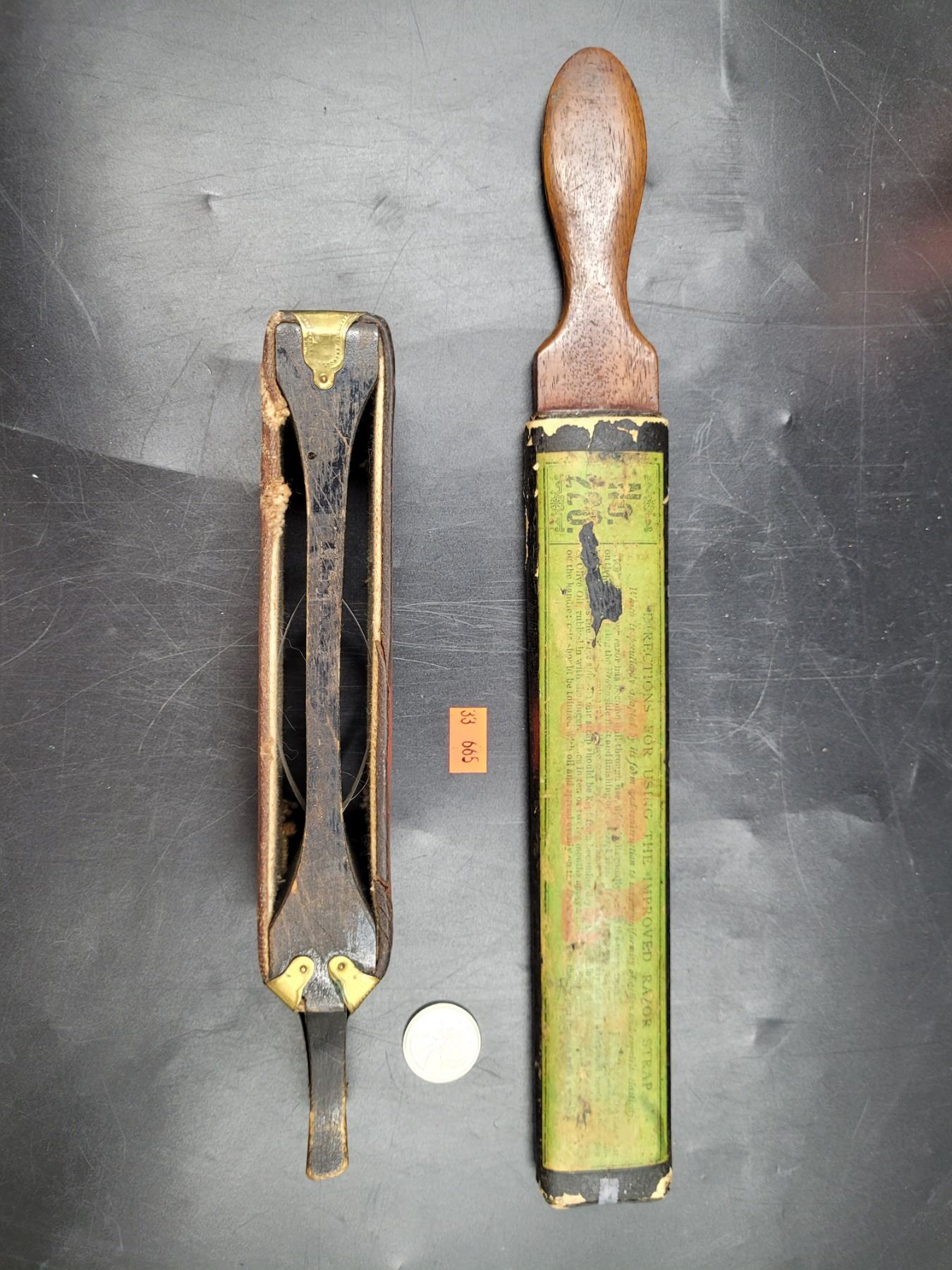 2 Antique Wood Handled Straight Razor Strops