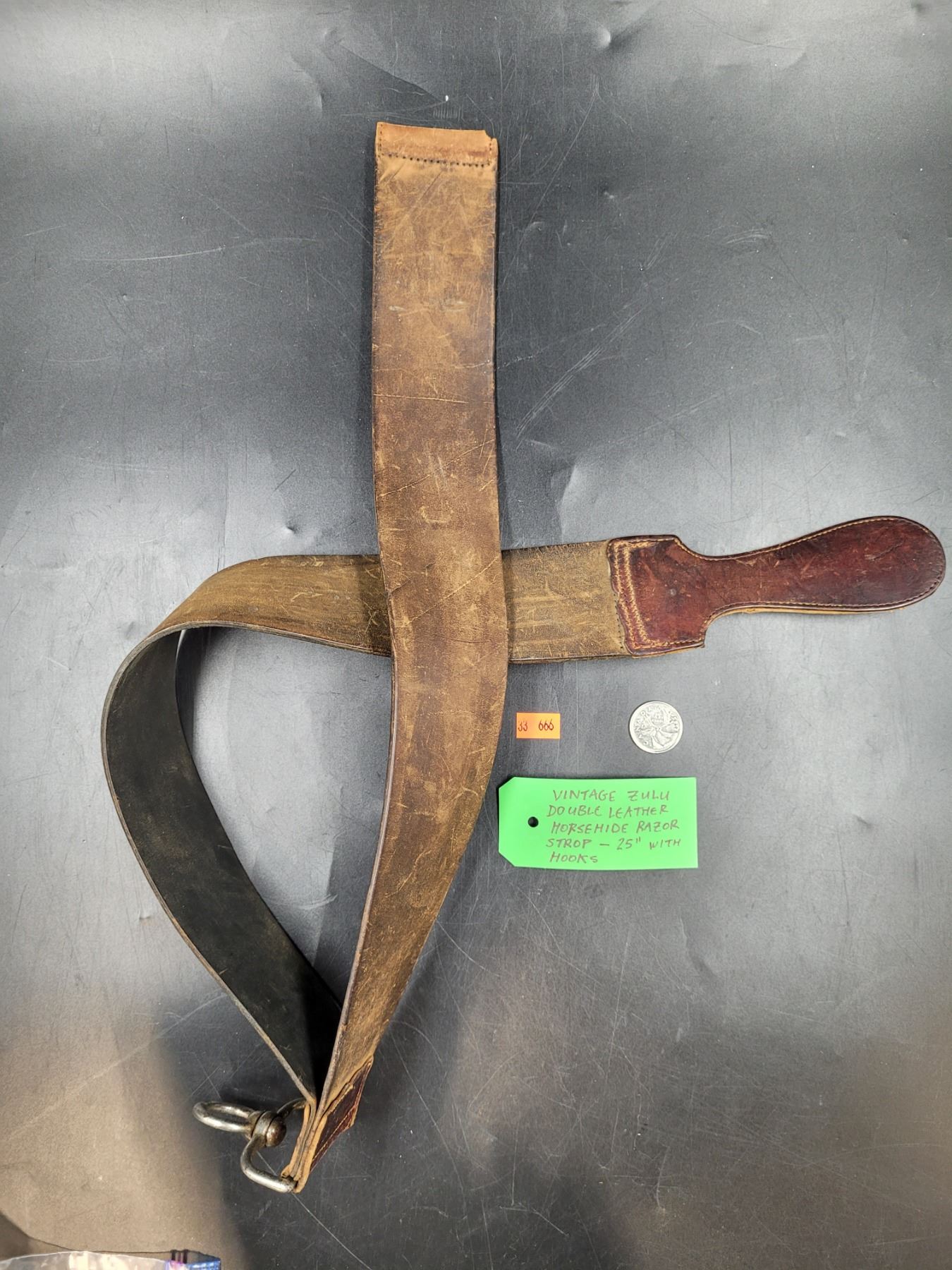 Antique Zulu Double Leather Horsehide Razor Strop 25" w/Hooks