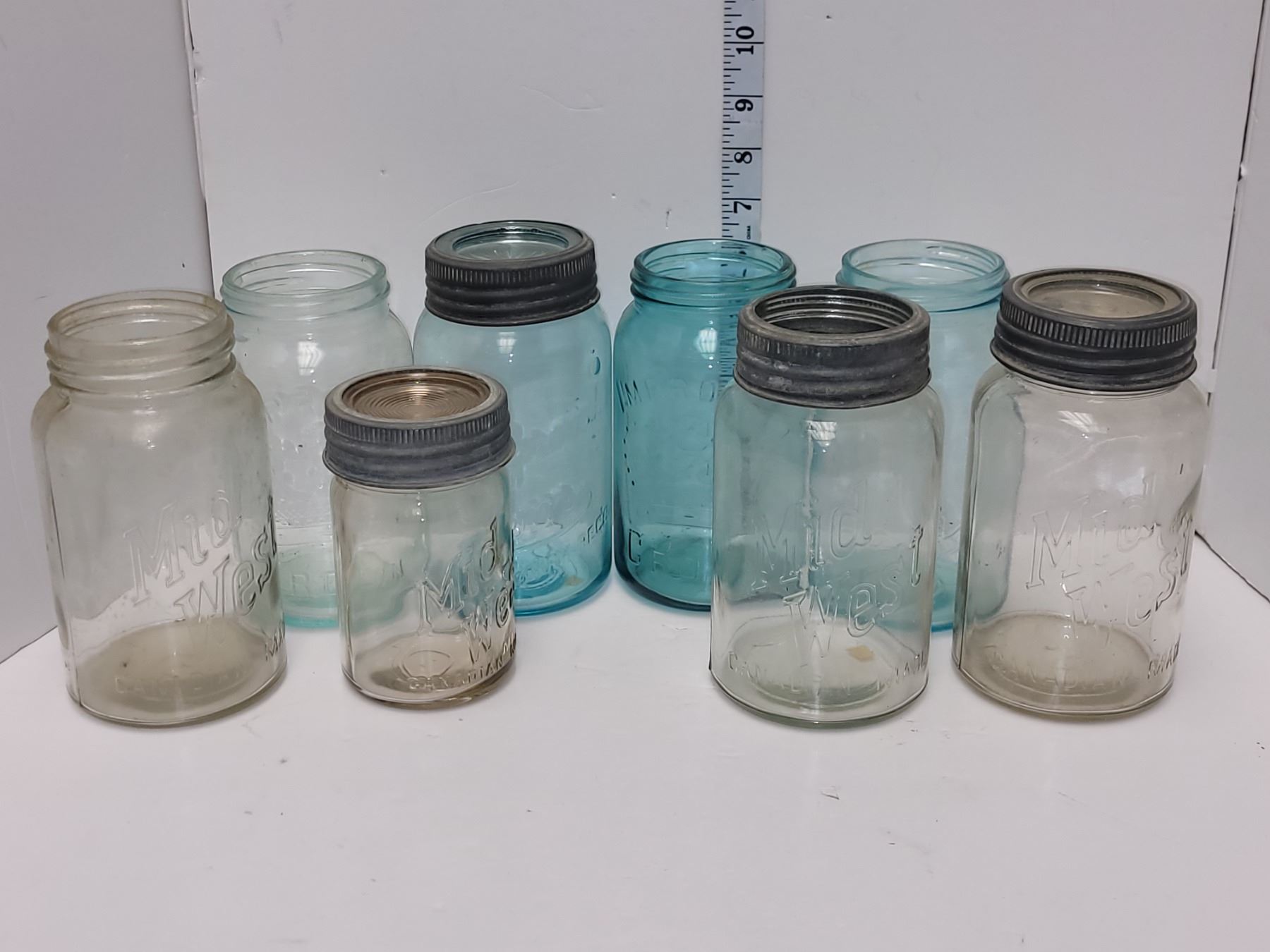 8 Old Canning Jars 4 Aqua Blue And 4 Mid West