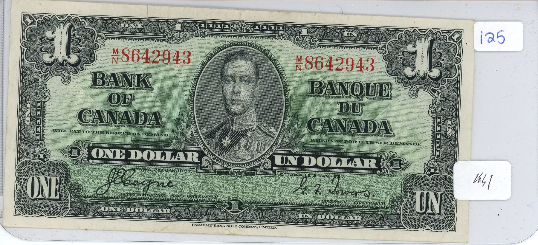 1937 Canadian 1 Dollar Bill, Coyne/Towers, M/N8642943 - Schmalz Auctions