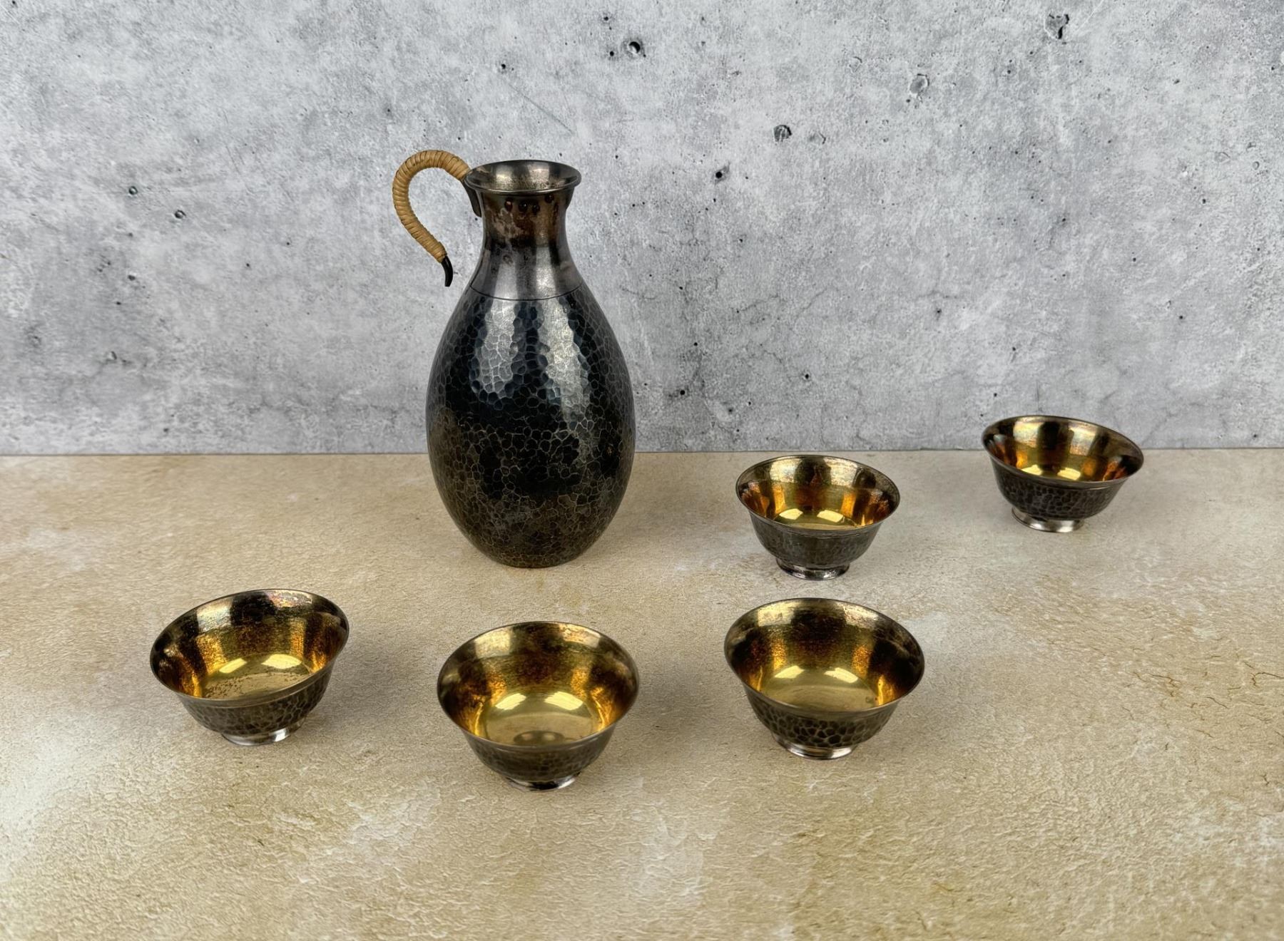 Japanese Sterling Silver Hammered Finish Sake Set
