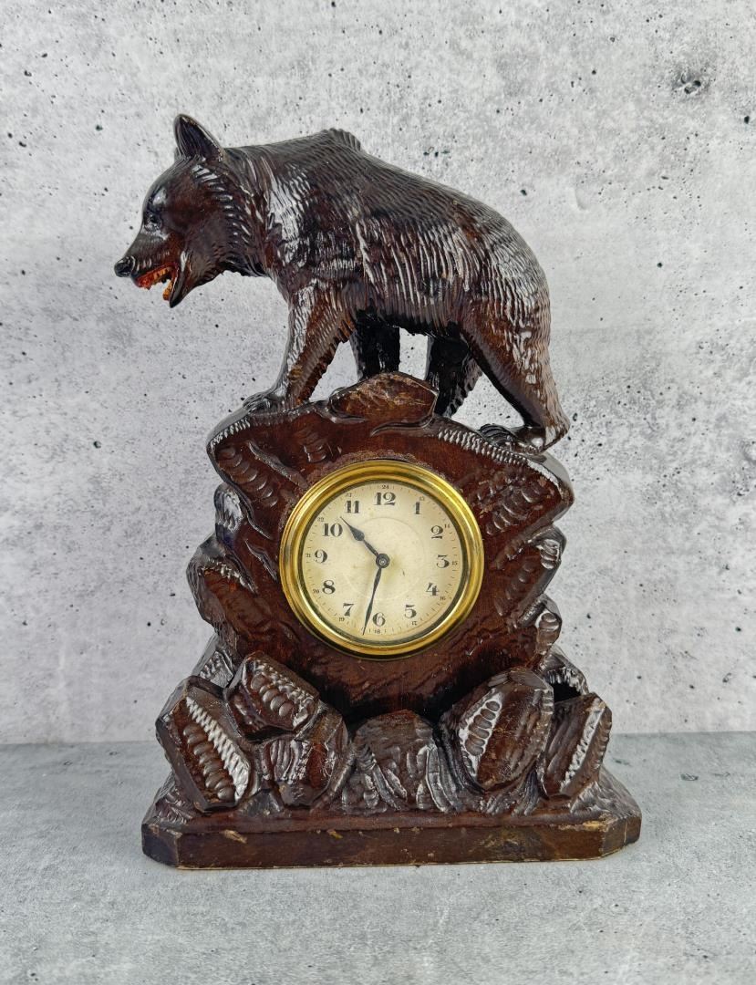 Black Forest Swiss Carved Wood Bear Clock