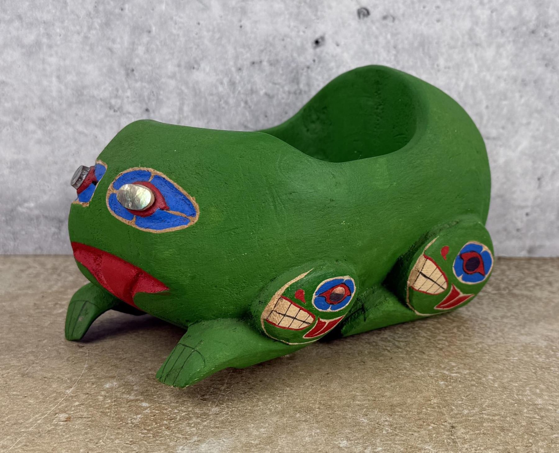 A.E. Cecil Kwakiutl Carved Cedar Frog Grease Bowl