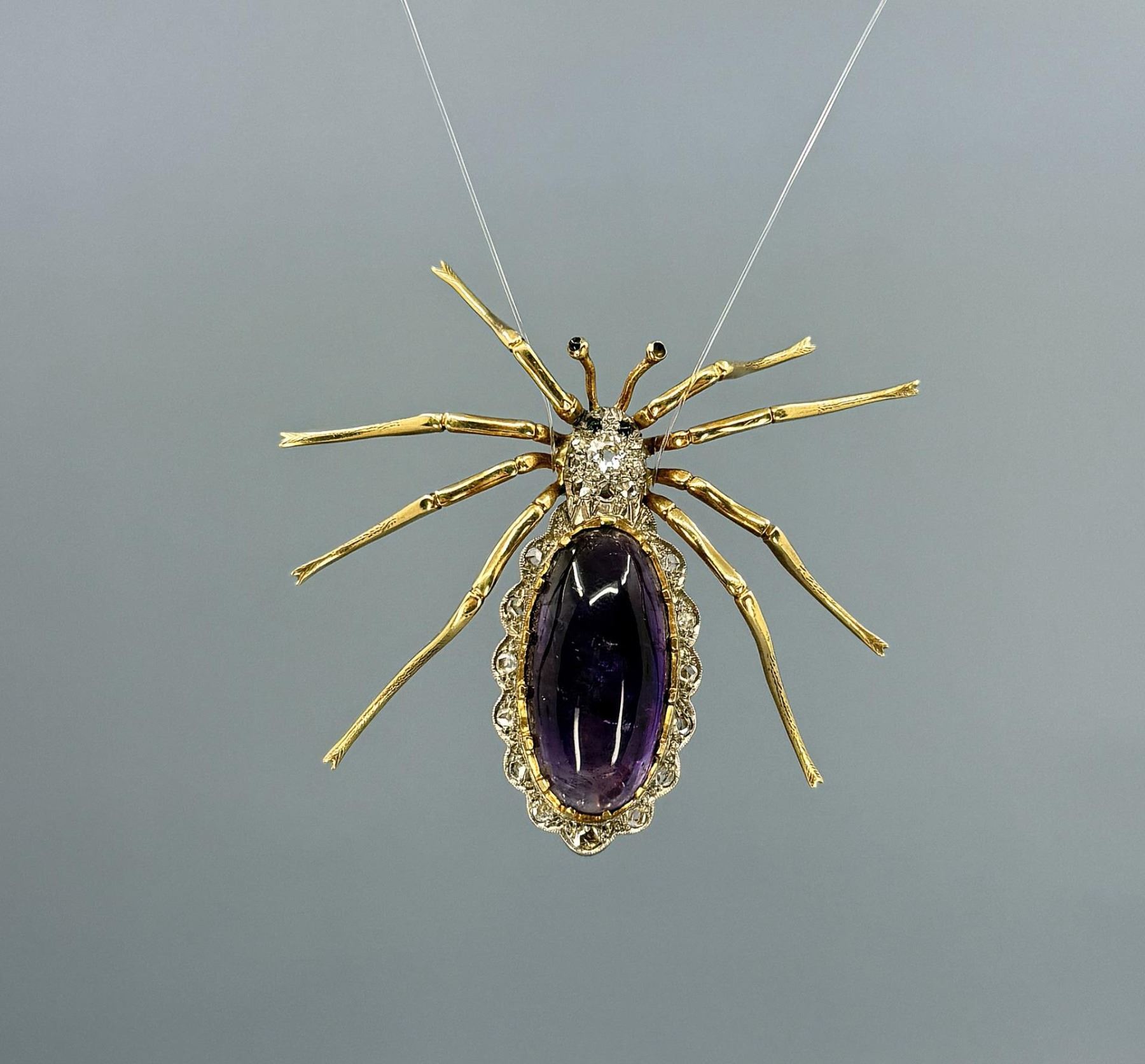 Art Deco 18k Gold Diamond Amethyst Spider Brooch