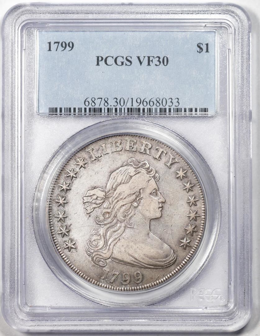 1799 $1 Draped Bust Silver Dollar Coin PCGS VF30 - BK Auctions