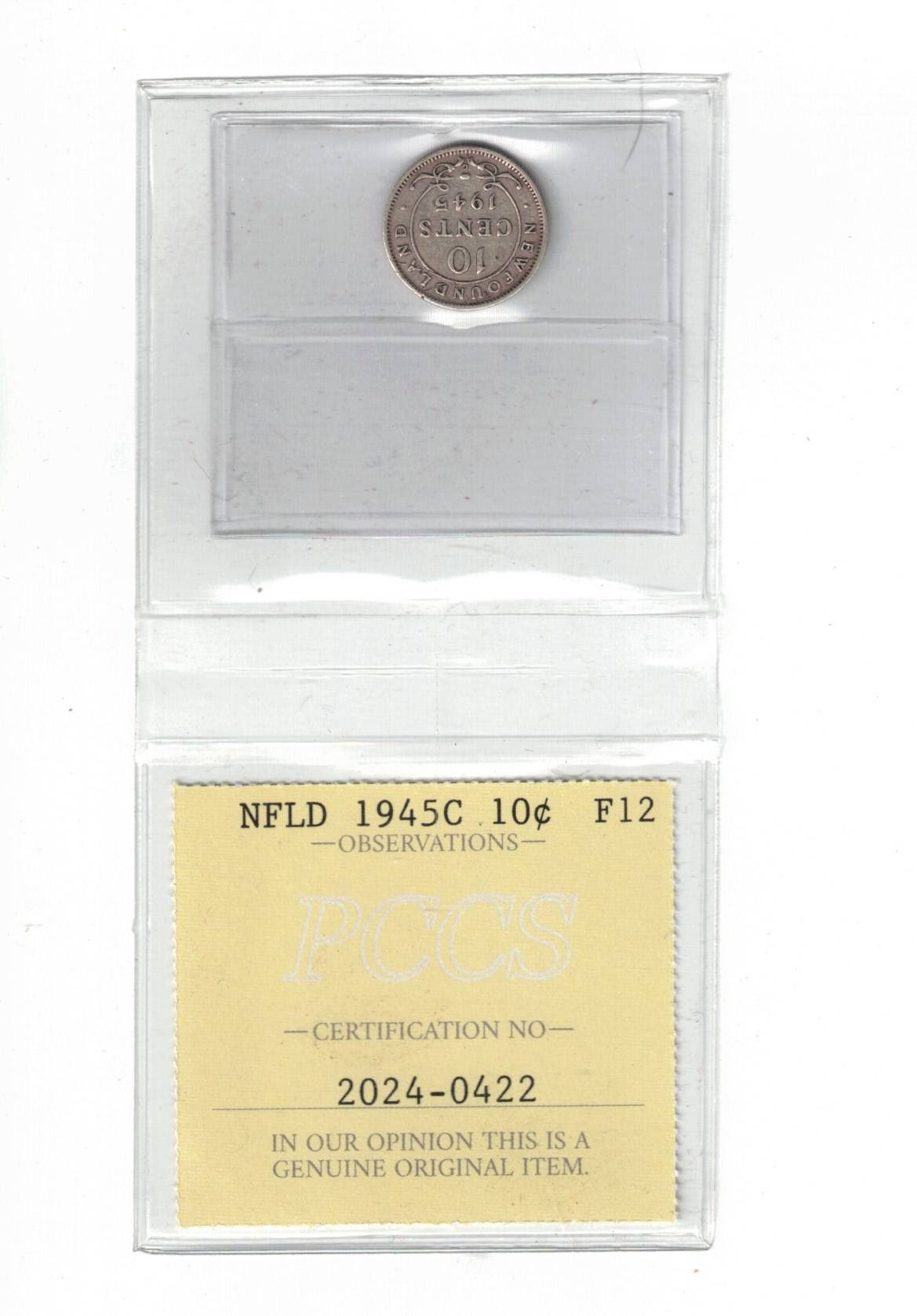 Newfoundland 1945C 10¢ Certified PCCS F12, Professional Coin ...