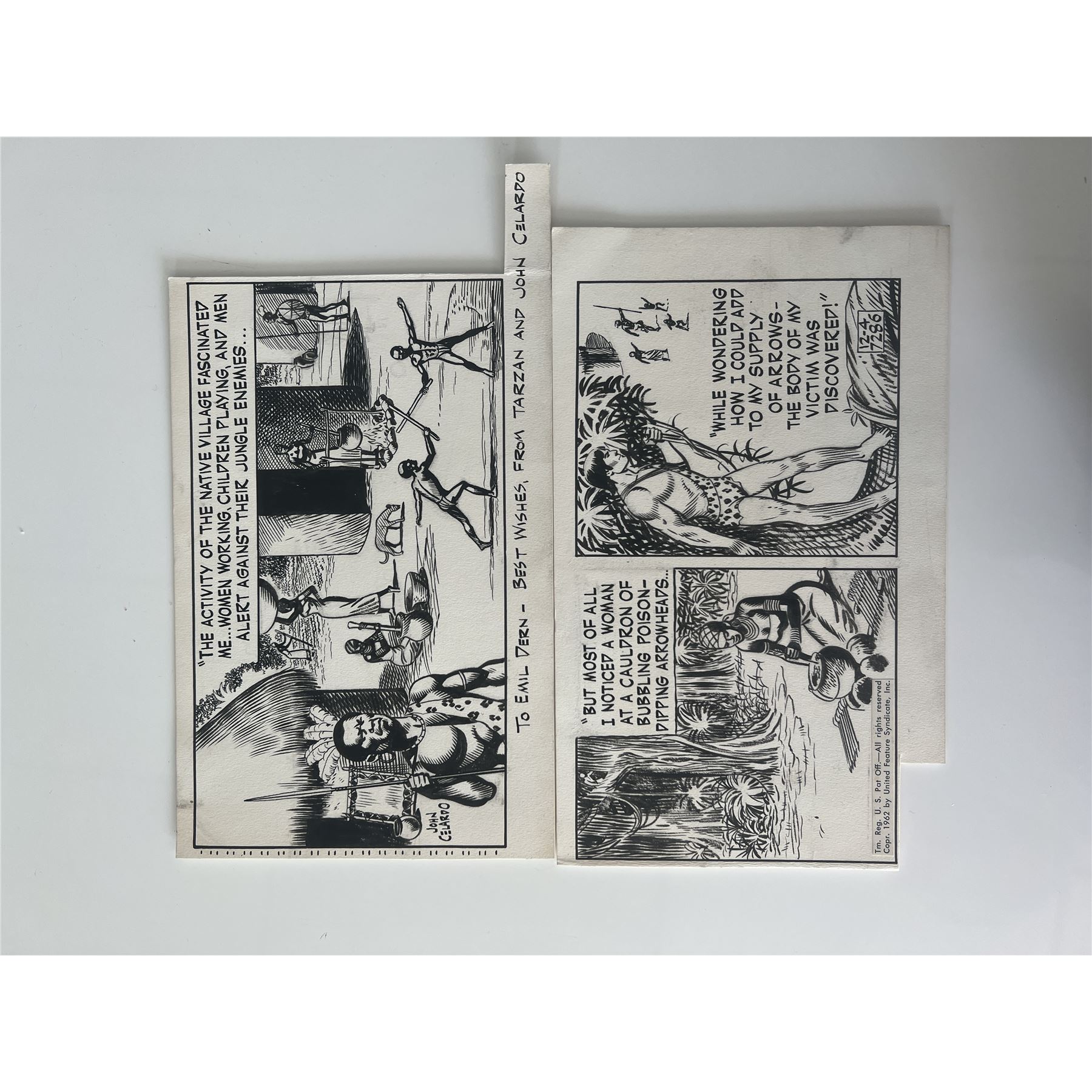 Comic strip artist John Celardo signed Tarzan panels