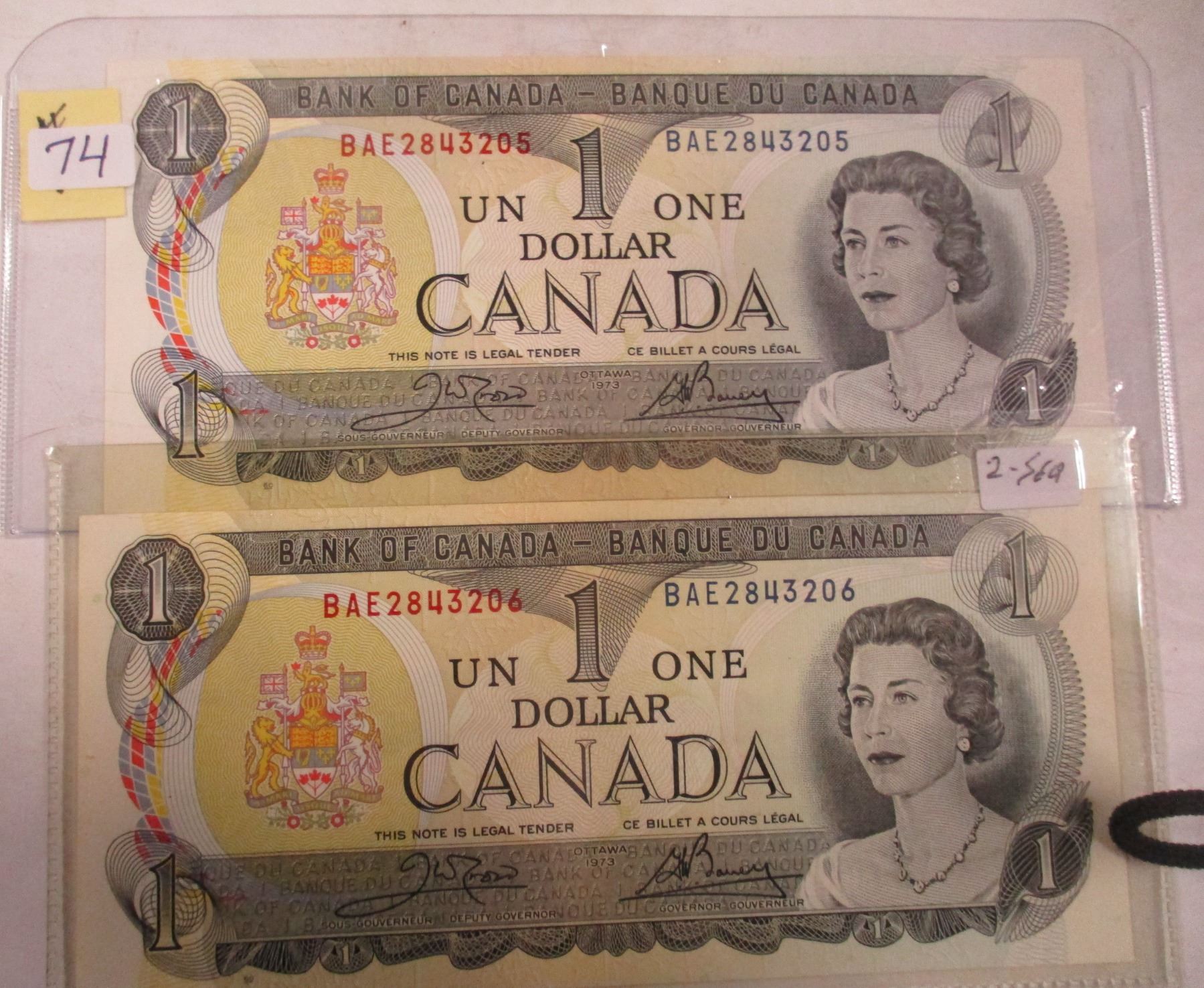 1973 CANADA $1 BILLS WITH SEQUENTIAL SERIAL NUMBERS