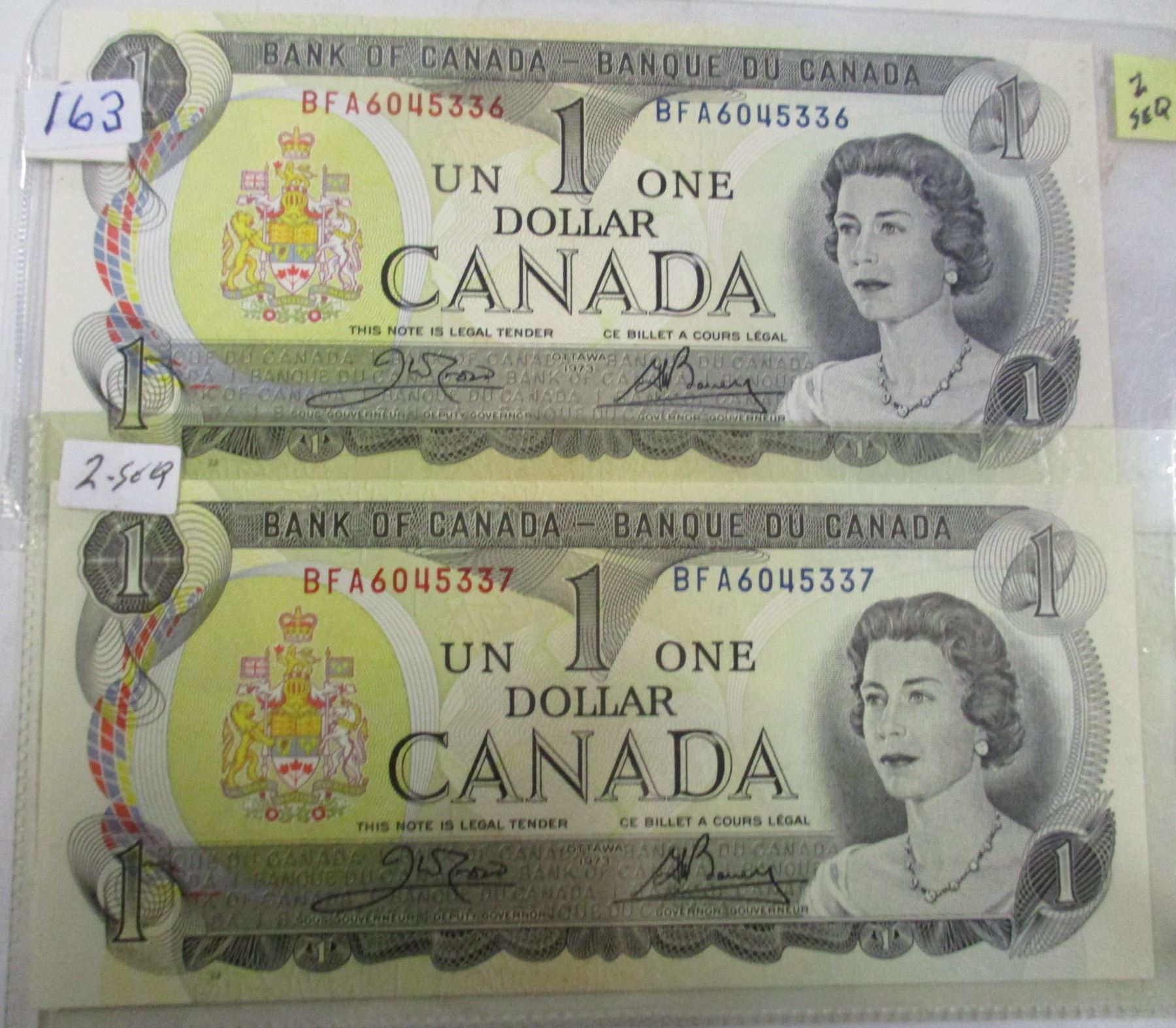 1973 CRISP UNCIRCULATED BANK OF CANADA DOLLAR BILLS (SEQUENTIAL SERIAL ...