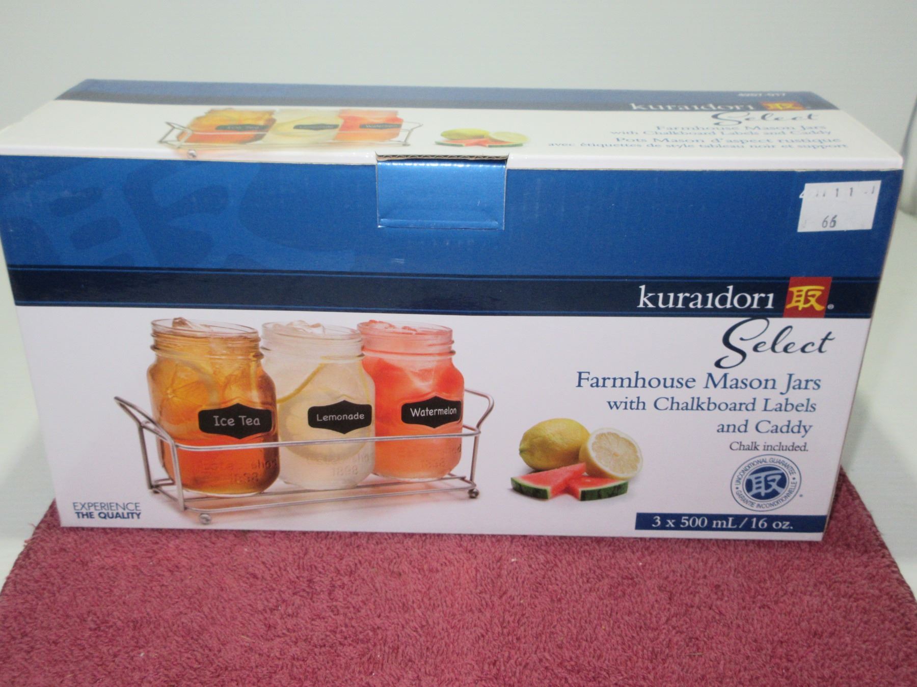 NEW: KURAIDORI FARMHOUSE MASON JARS C/W CHALKBOARD LABELS & CADDY