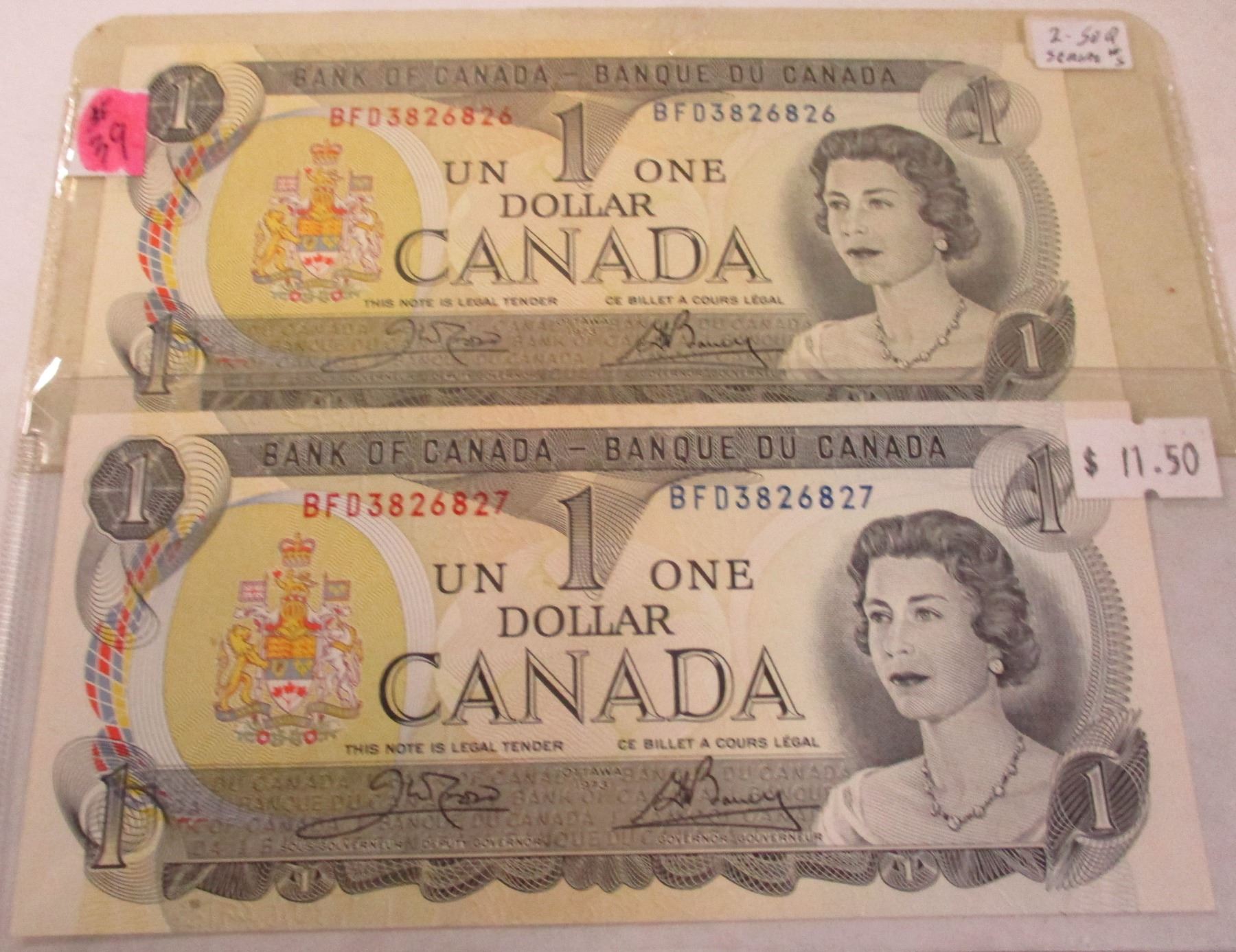 1973 PAIR OF UNCIRCULATED SEQUENTIAL SERIAL NUMBER $5 BILLS