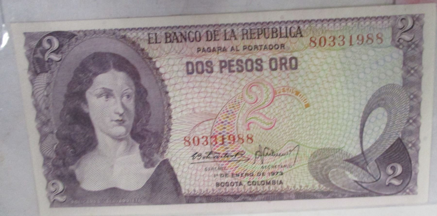 1973 COLUMBIA 2 PESOS UNCIRCULATED CURRANCY BANK NOTE