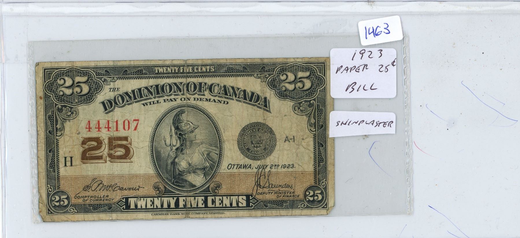 1923 Dominion of Canada 25 Cent Shinplaster; McCavour/Saunders, 444107