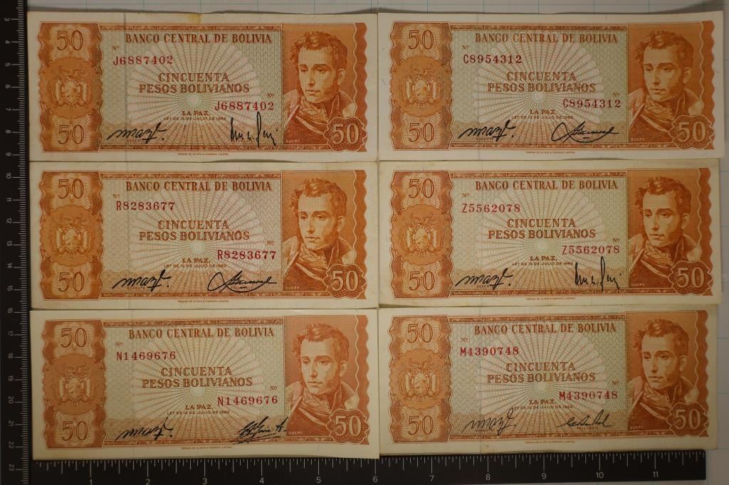 6-1962 BOLIVIA 50 PESO BOLIVIANOS CRISP BILLS