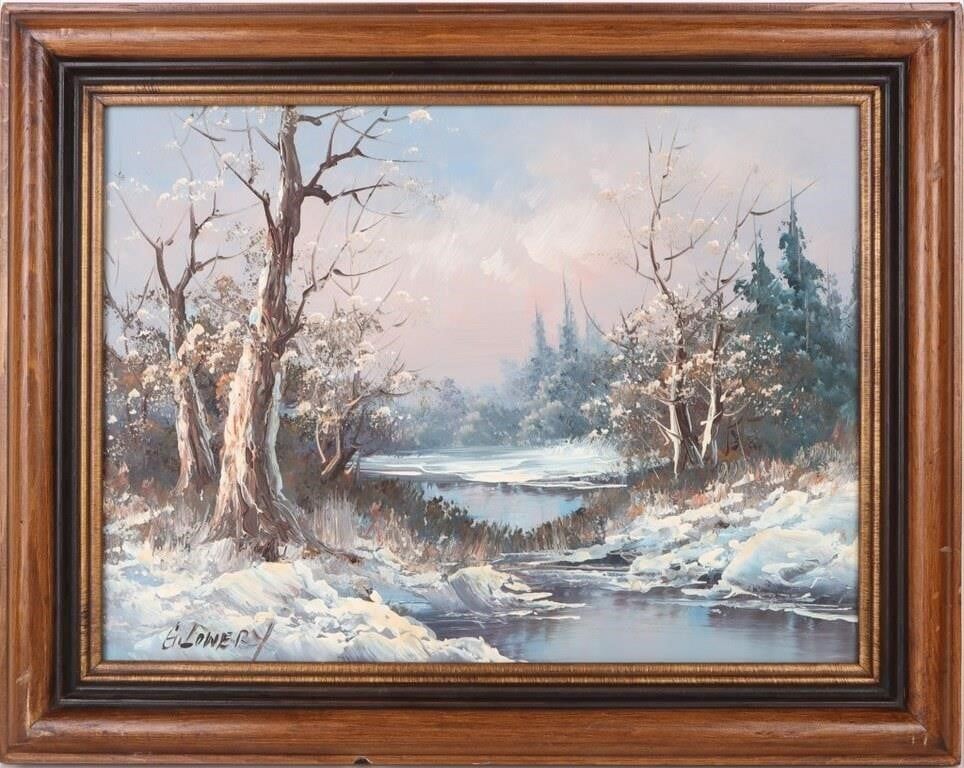 G. LOWERY ORIGINAL RUSTIC SNOWSCAPE OIL PAINTING
