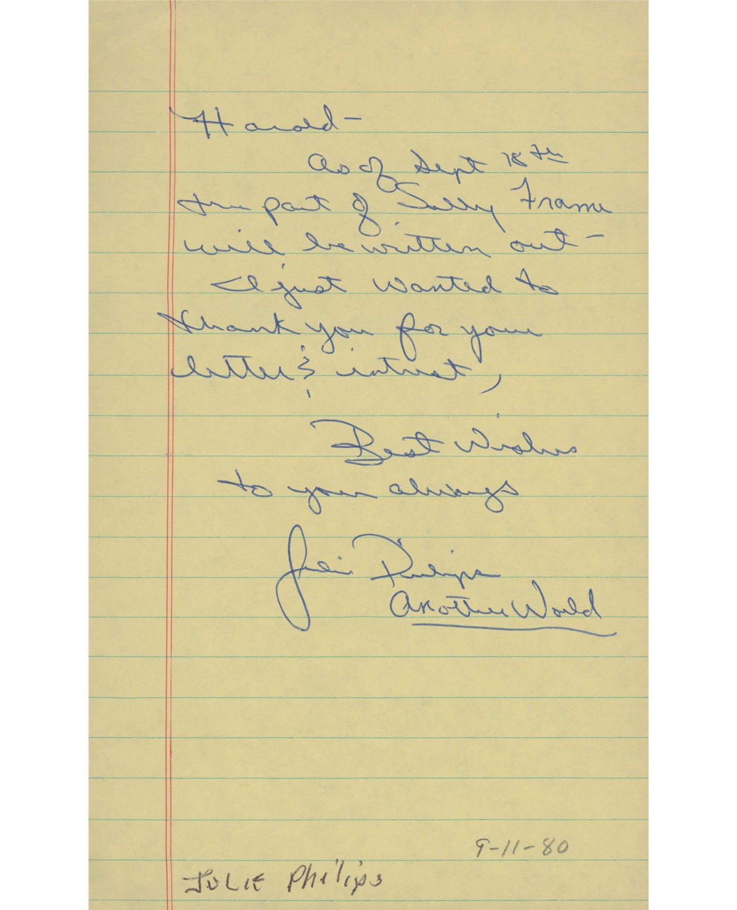 Julie Phillips signed note