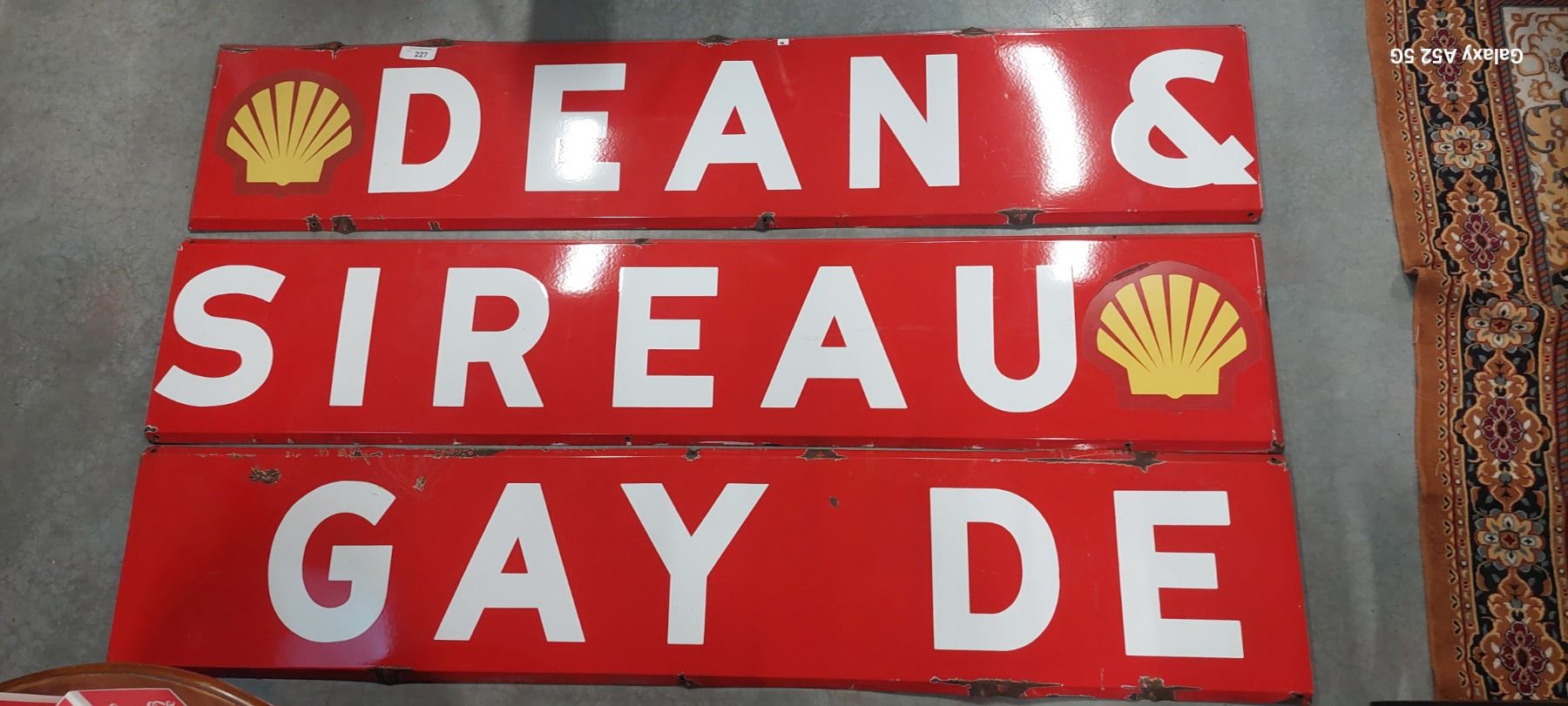 Vintage porcelain 3 piece Shell dealer sign Dean & Gay Desireau 18' overall
