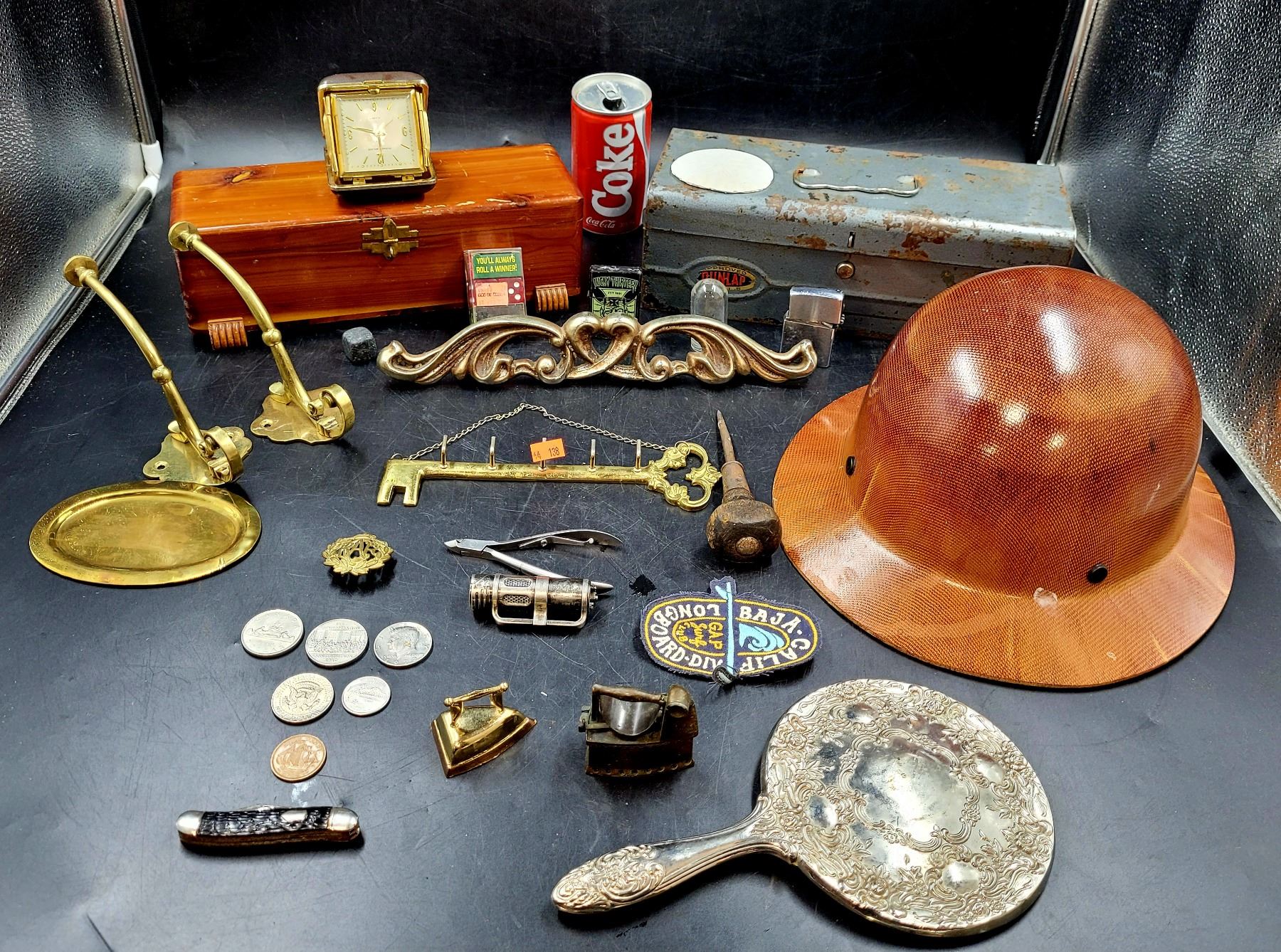 Handheld Mirror, Travel Alarm Clock, Hard Hat, & Other Vintage Smalls
