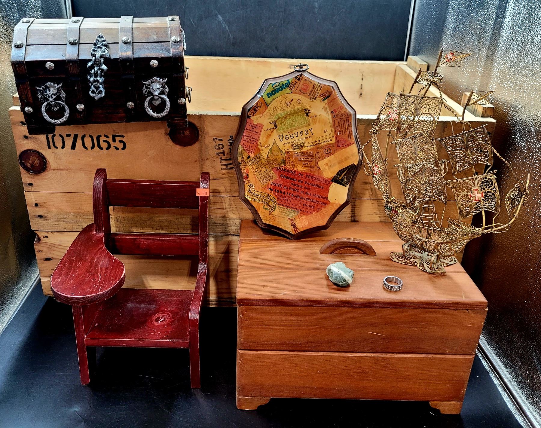 Wooden Crate, Brass Boat, Storage Boxes, & Wood Decor