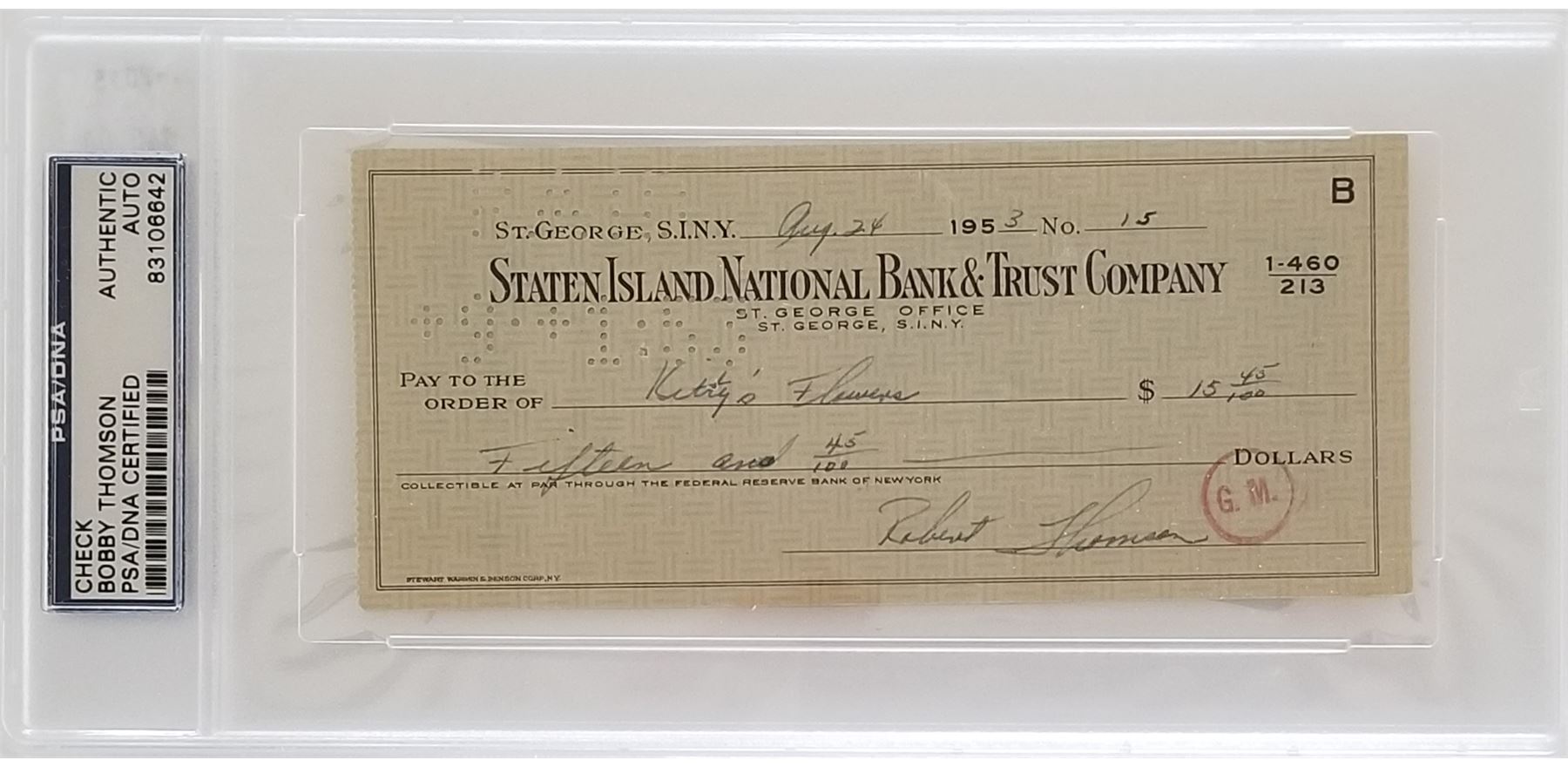 Boston Red Sox Bobby Thomson encapsulated signed check