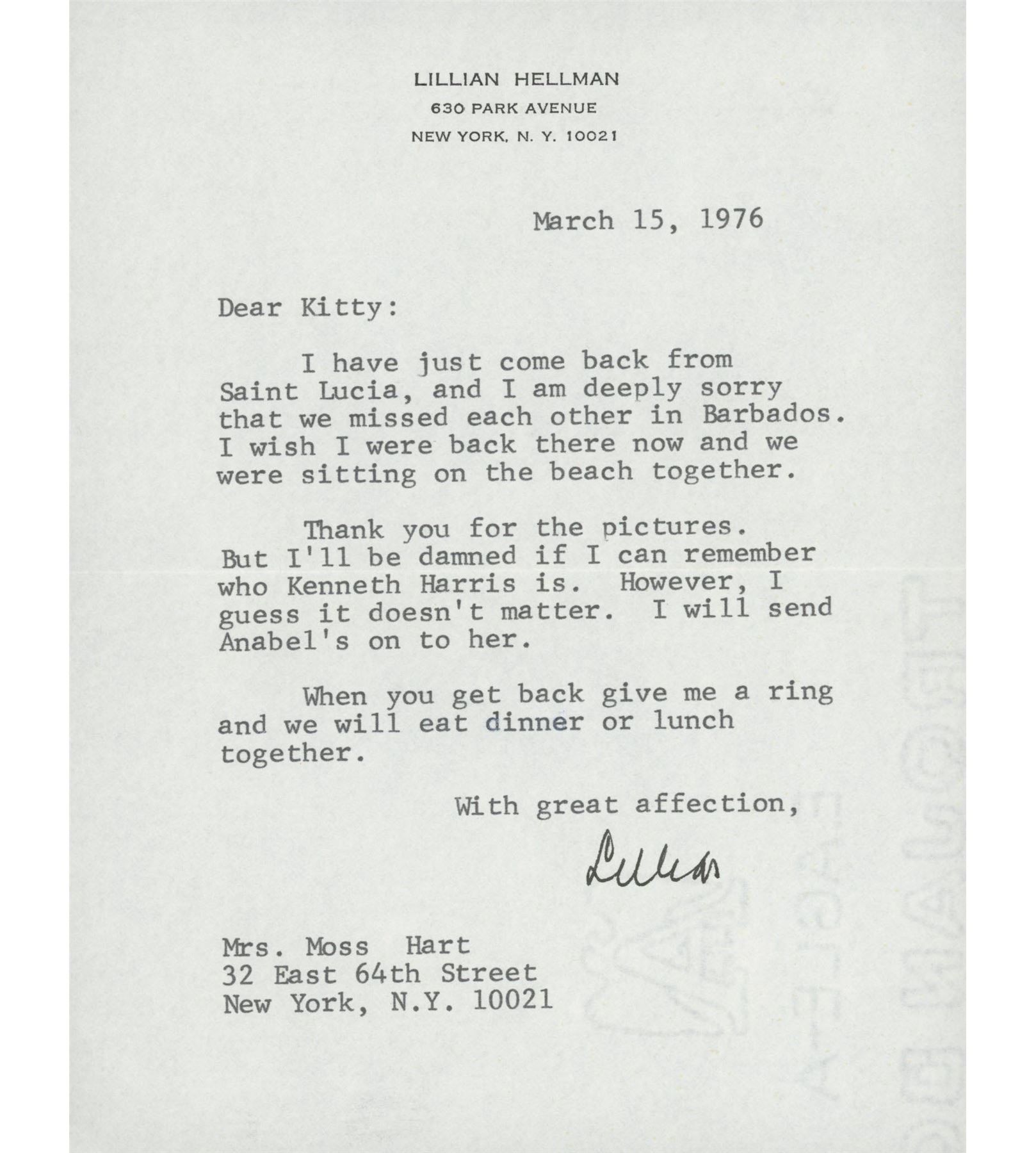 Lillian Hellman signed letter