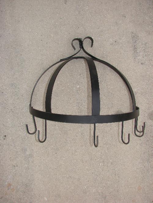 Black wrought iron pot rack
