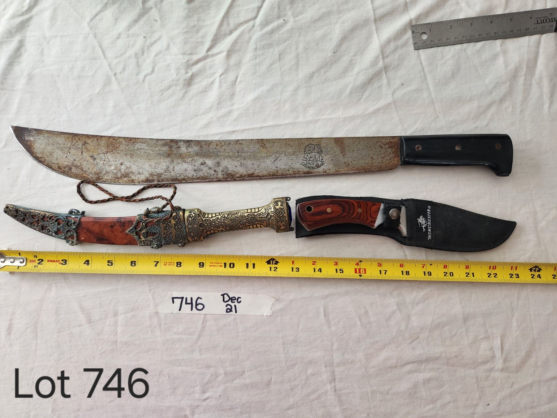 3 Knives; Machete from Czechoslovakia, Ornate Knife w/ Copper/Brass ...