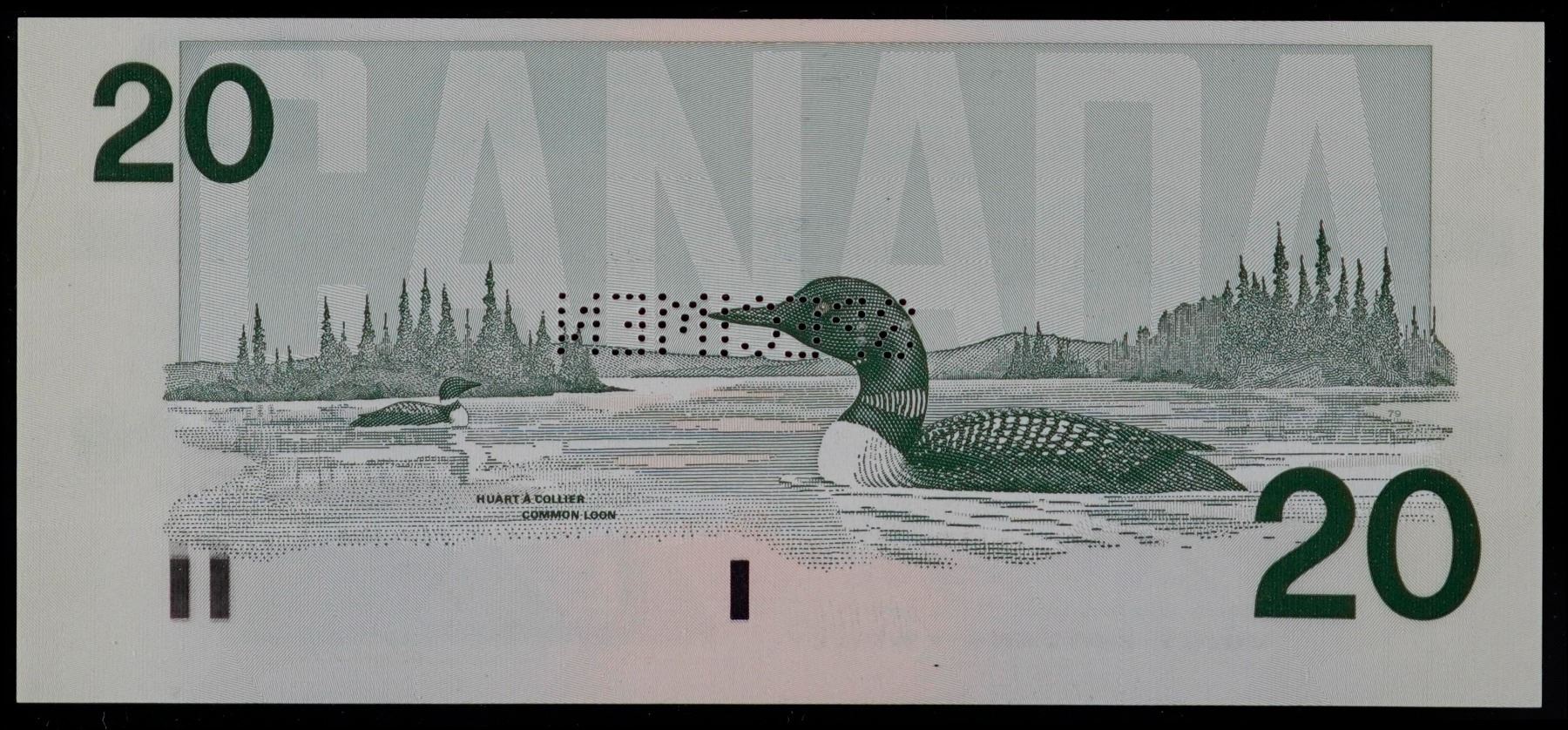 Essay Notes; 1991 $20 BC-58b - Polymer DuraNote Specimen (Punched ...