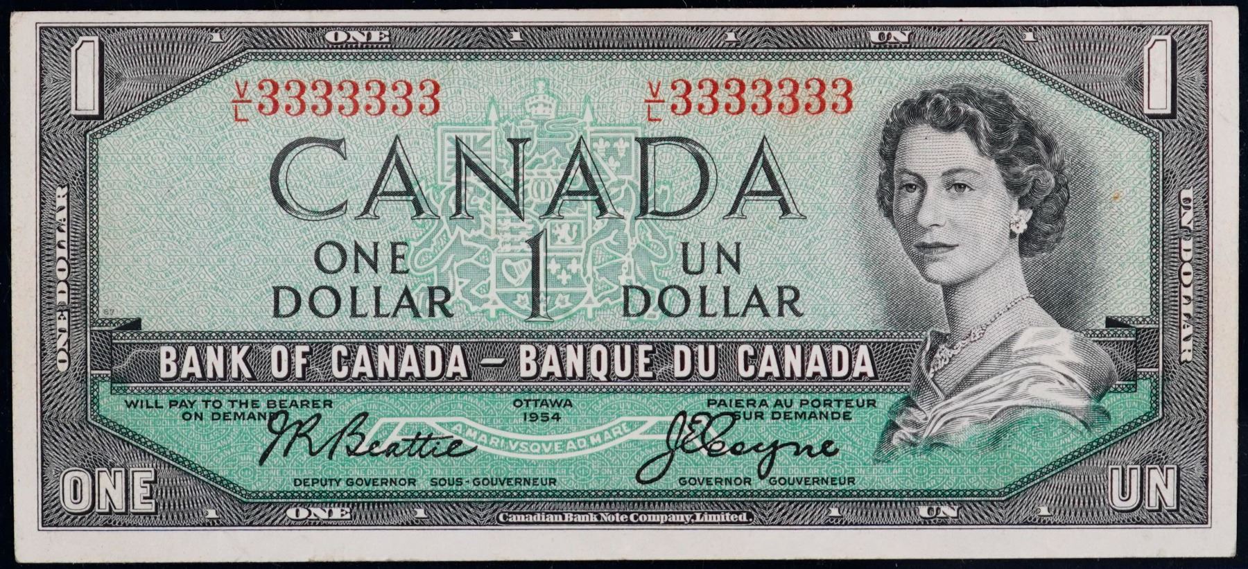 Solid Number; 1954 $1 BC-37a #VL3333333, LCG Extra Fine-40. A scarcer ...