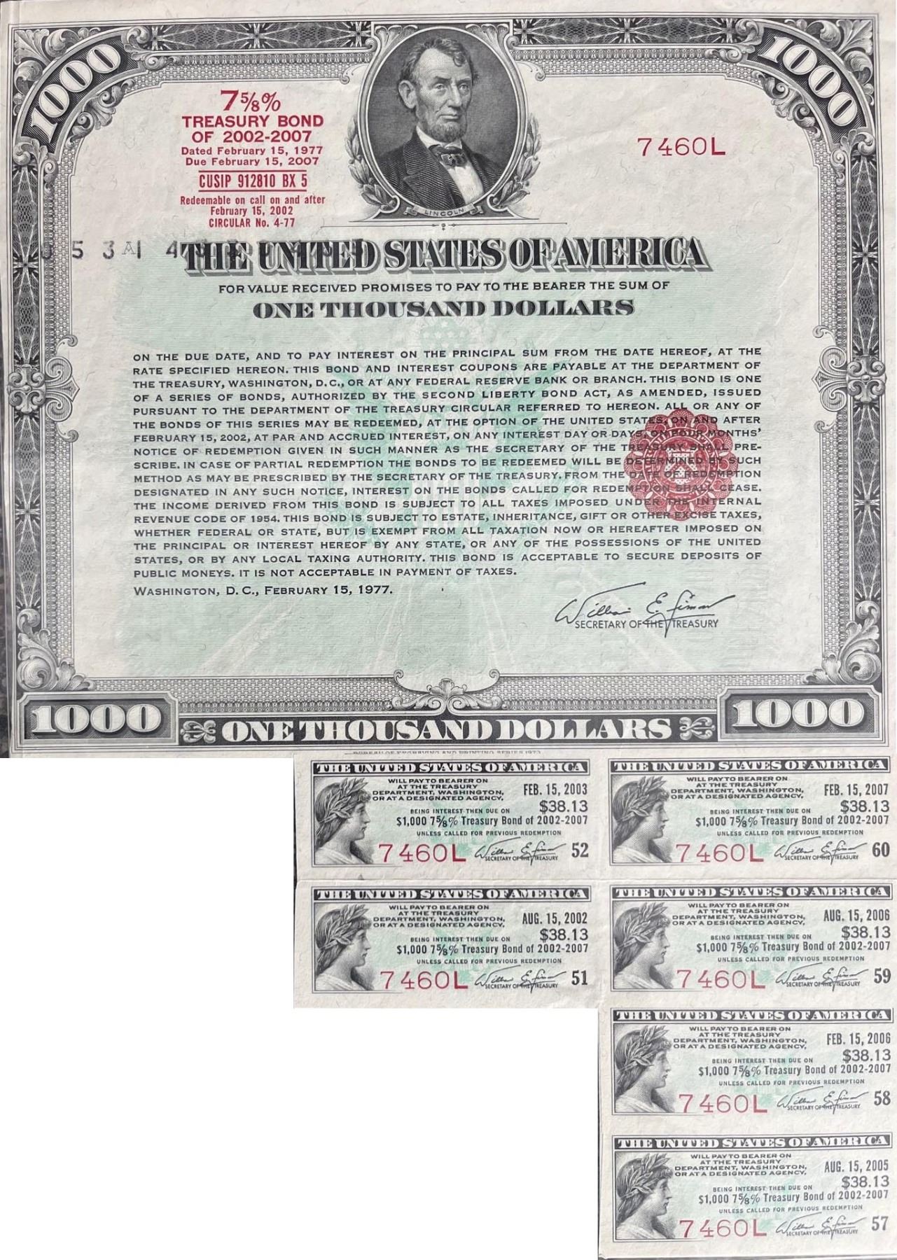 USA; 1977 $1000 U.S. Treasury Uncancelled 30 Year Bearer Bond - 1977 ...
