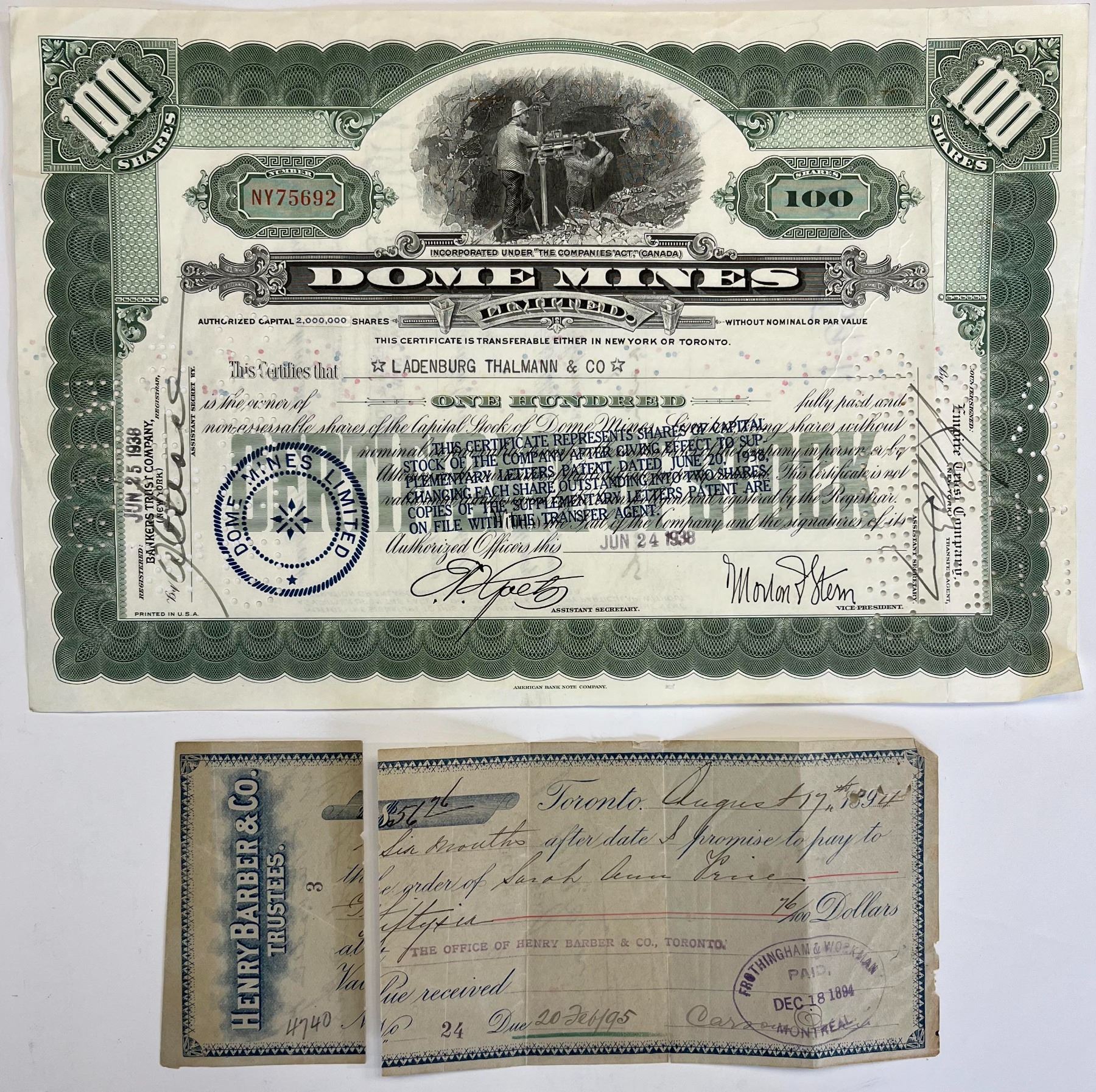 Bond; Dome Mines 100 Shares 24 June 1938 Ladenburg Thalmann & Co. Check ...
