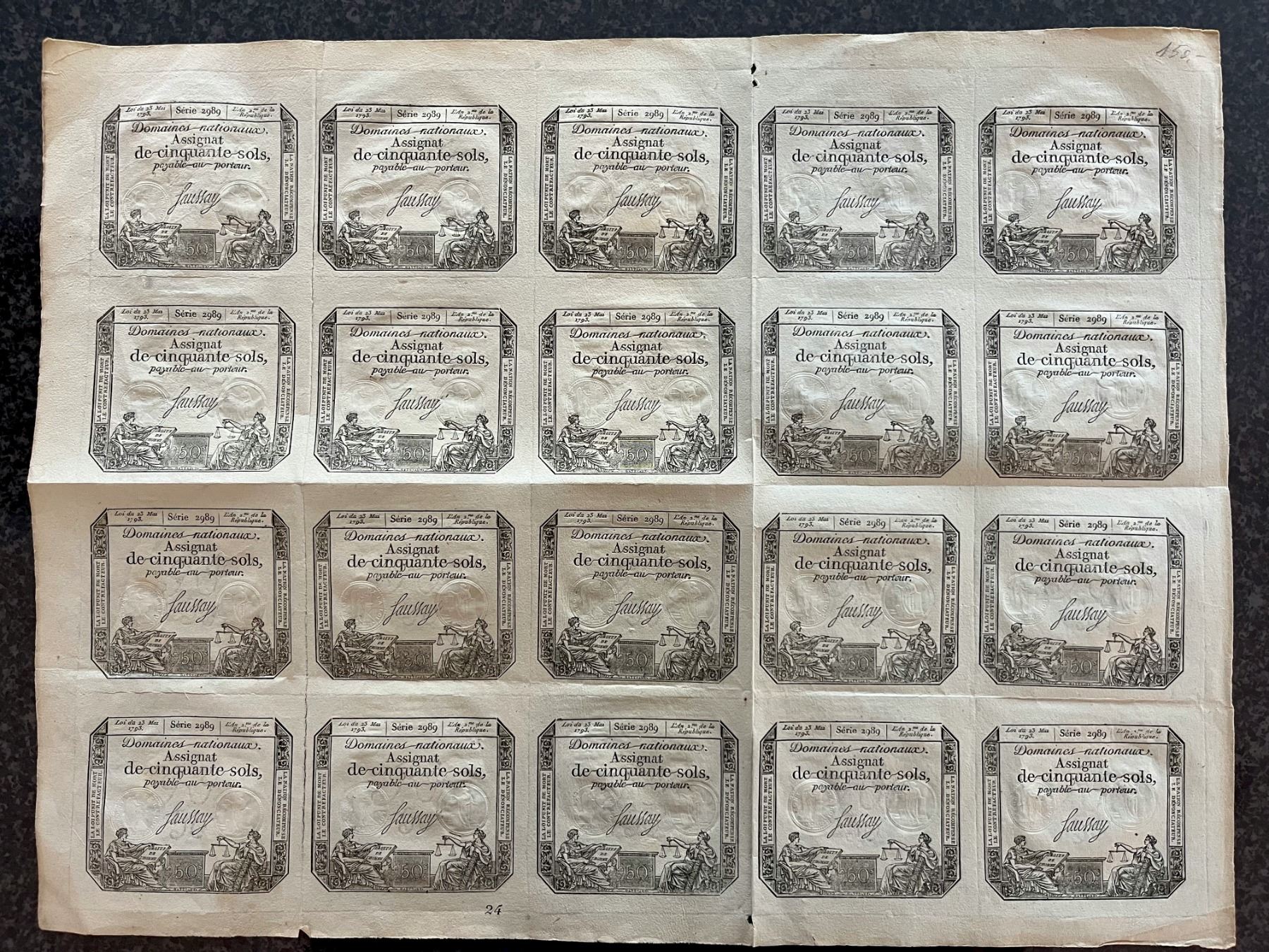 France; 1792-1793 Original Uncut Sheet of 20 Assignat de Cinquante Sols ...