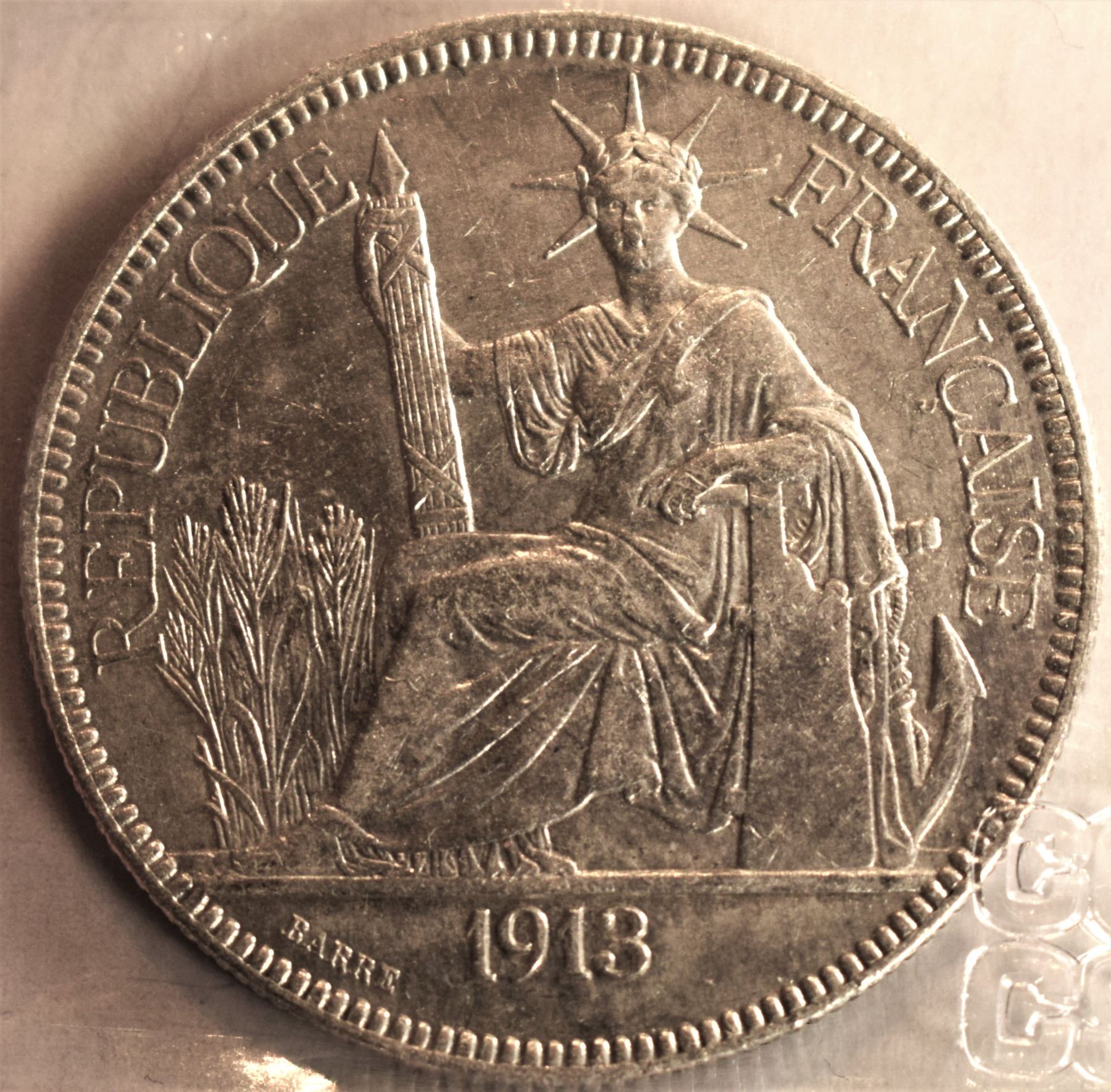 French IndoChina, 1 Piastre 1913-A VF-30 Cleaned, Silver Corrosion 27g ...