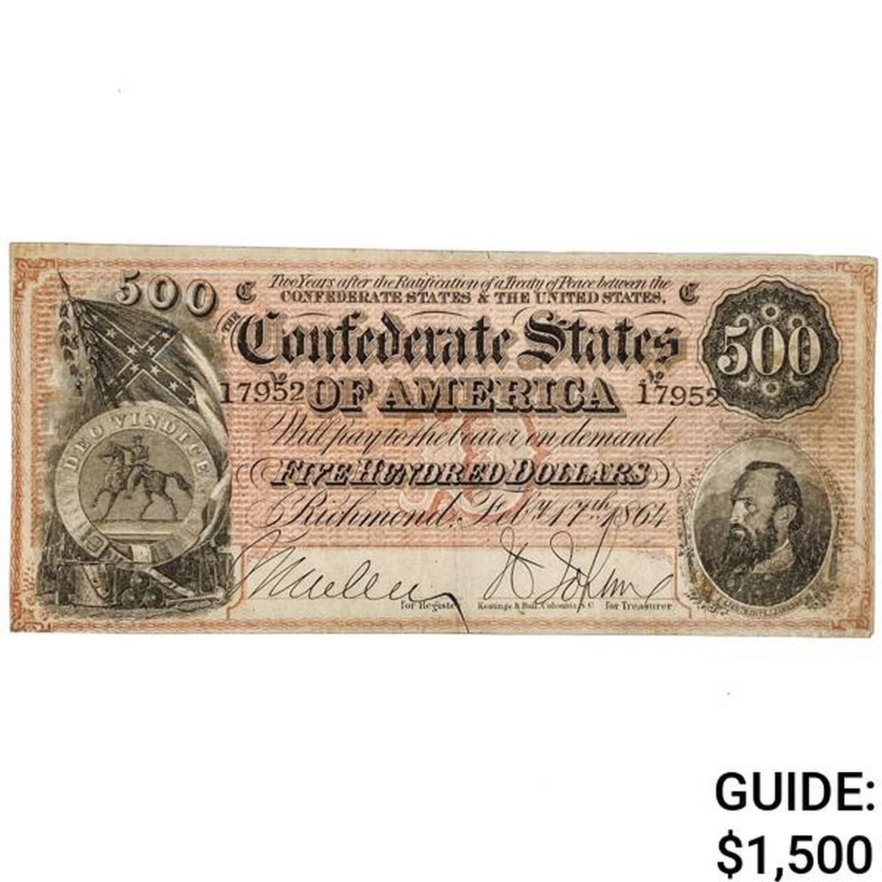 1864 $500 CSA CONFEDERATE DIXIE REBEL NOTE VF