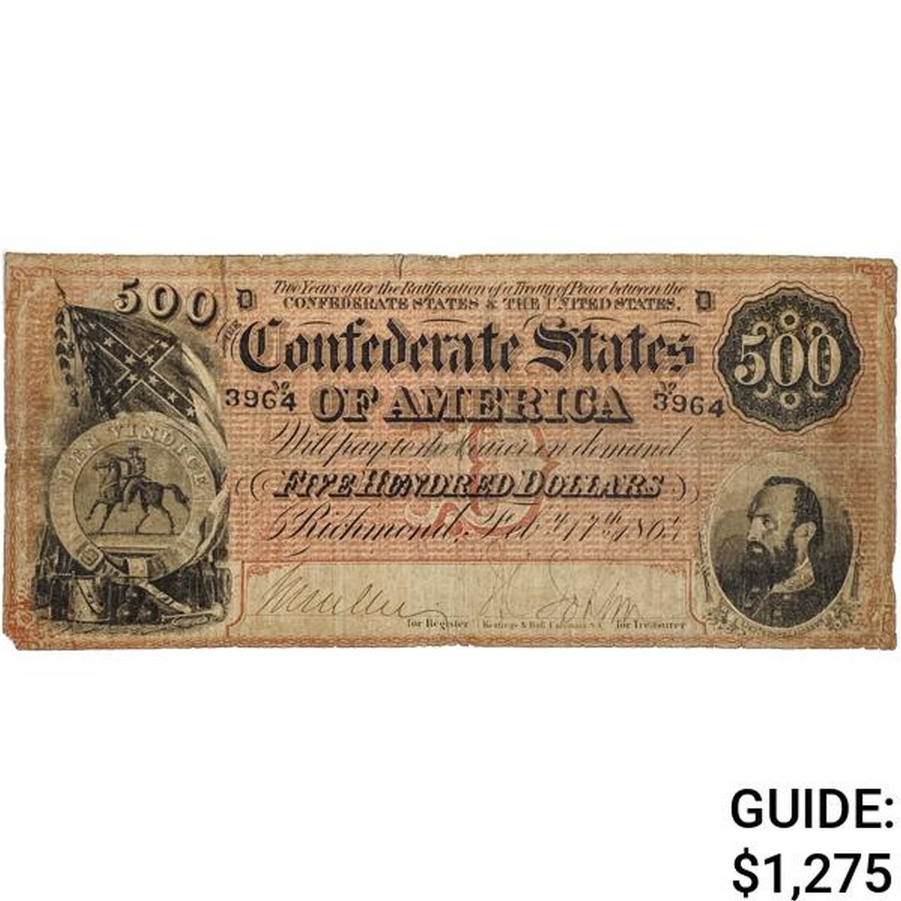 1864 $500 CSA CONFEDERATE DIXIE REBEL NOTE VF