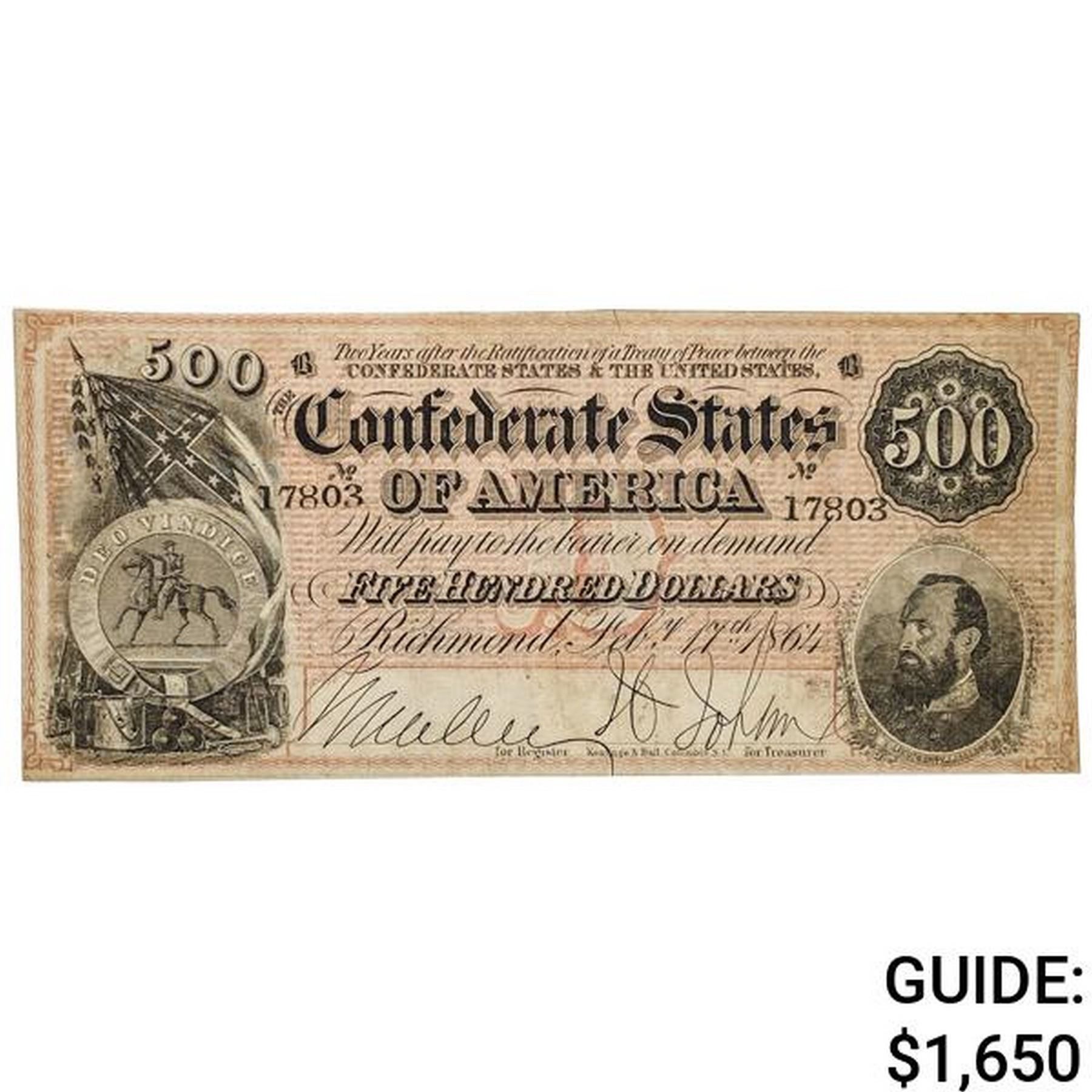 1864 $500 CSA CONFEDERATE DIXIE REBEL NOTE VF