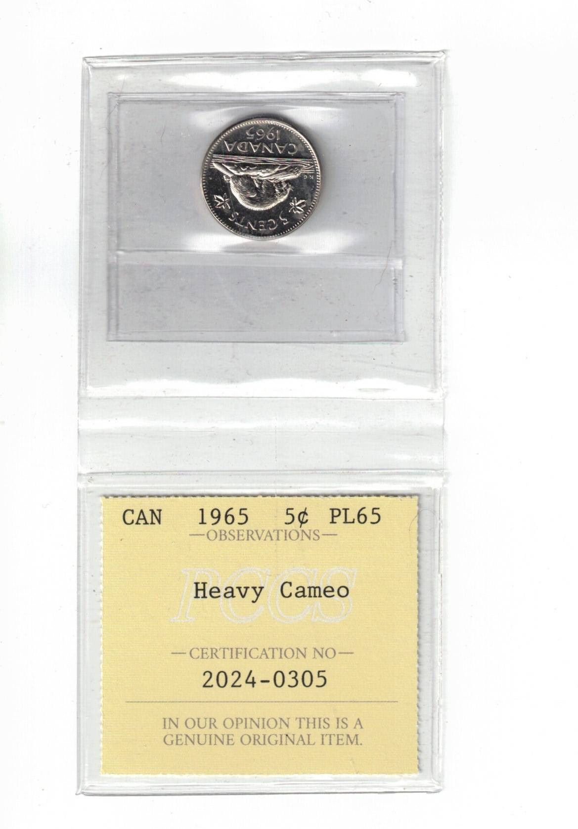 1965 Canada 5¢; Heavy Cameo, Certified PCCS PL65, Professional Coin ...